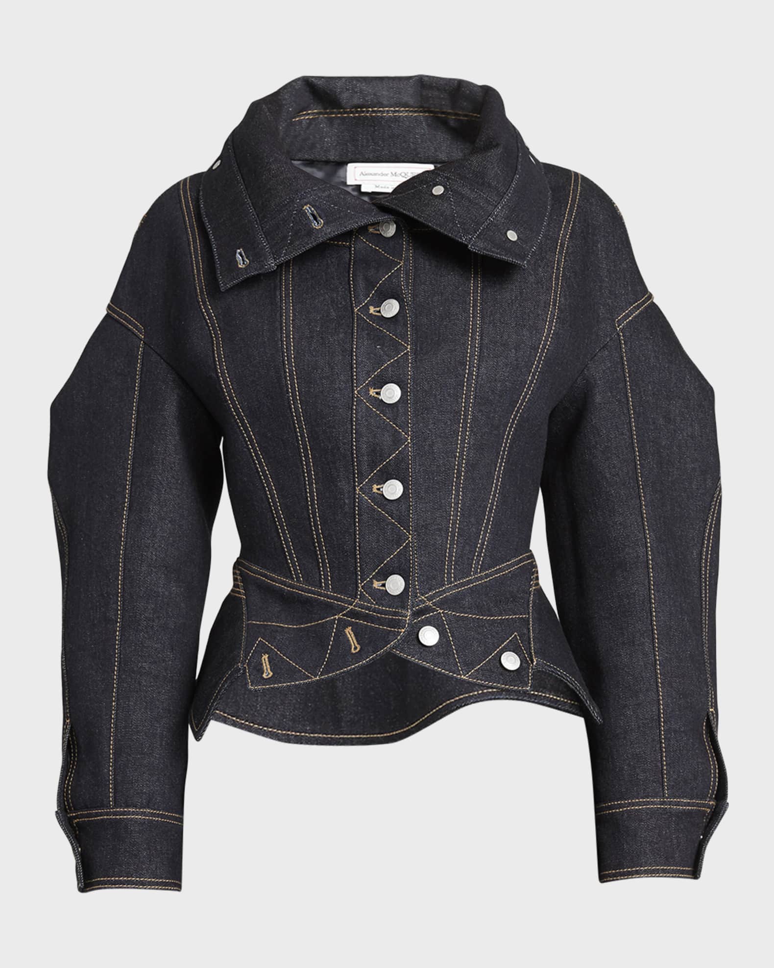 Alexander McQueen Peplum High-Neck Denim Jacket | Neiman Marcus
