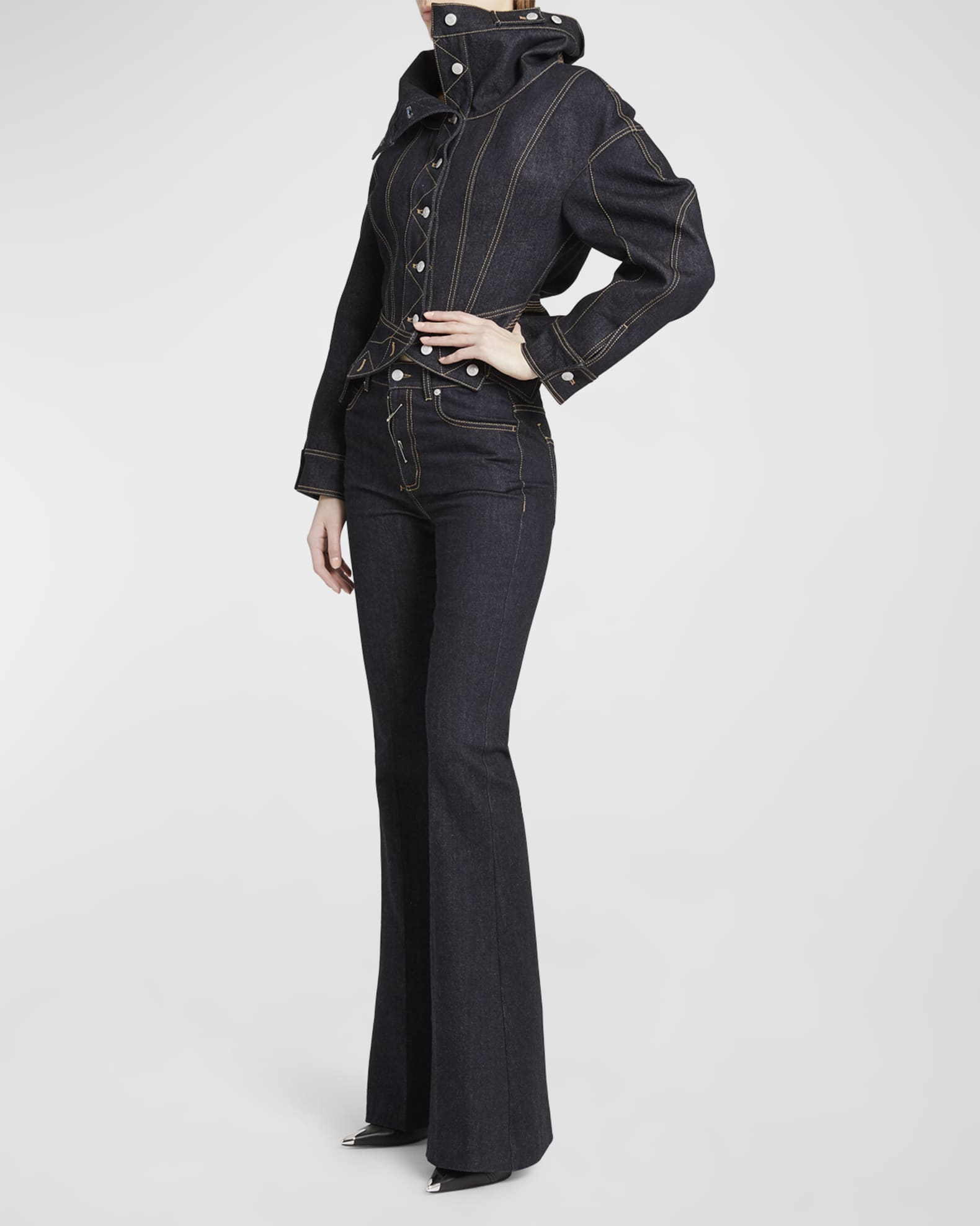 Alexander McQueen Peplum High-Neck Denim Jacket | Neiman Marcus
