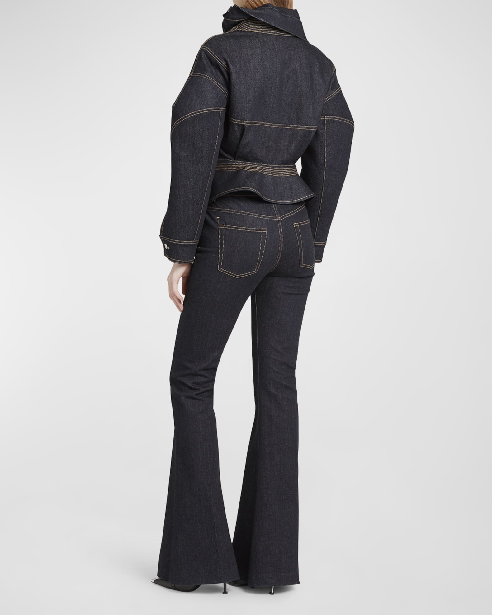 Alexander McQueen Peplum High-Neck Denim Jacket | Neiman Marcus