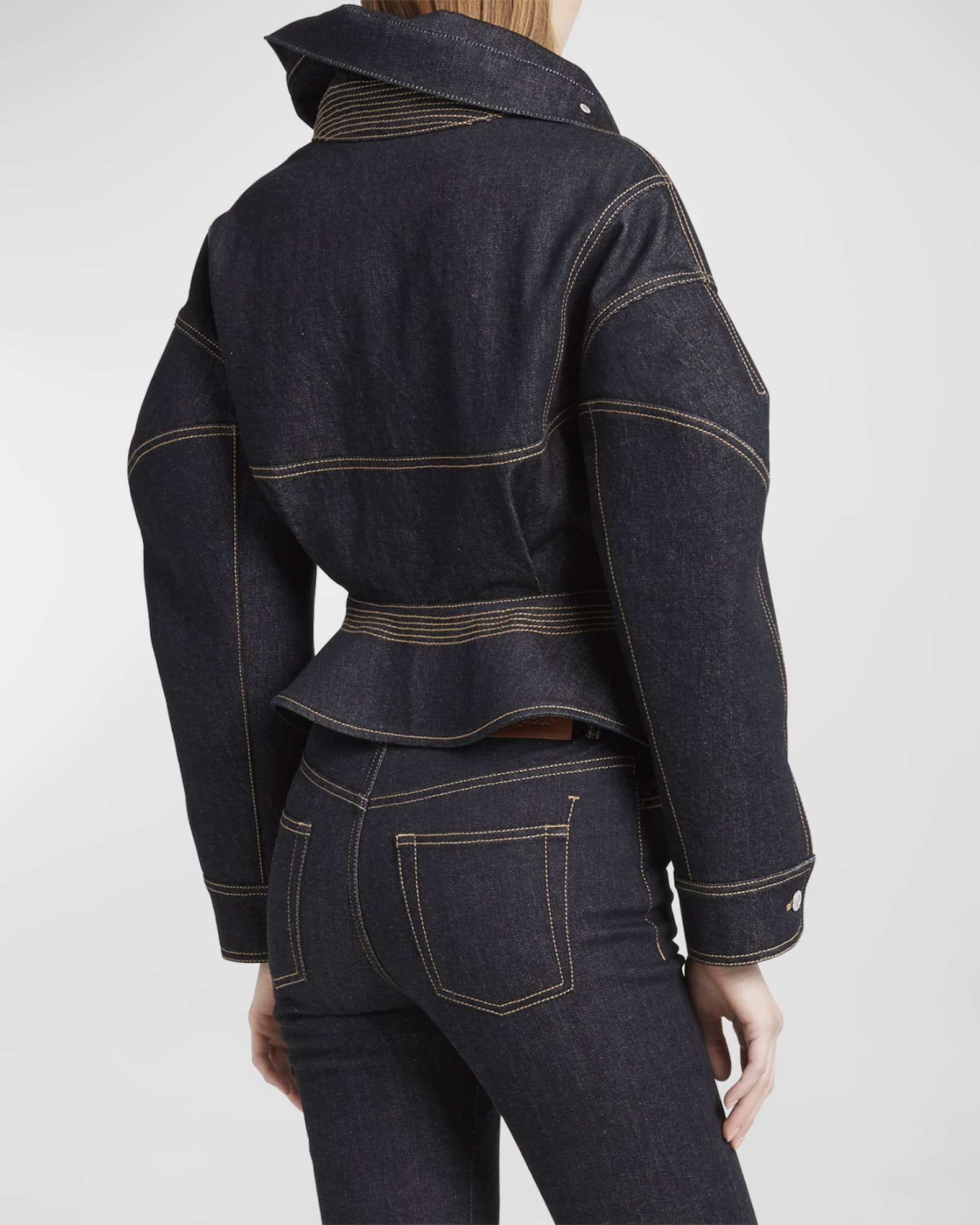 Alexander McQueen Peplum High-Neck Denim Jacket | Neiman Marcus