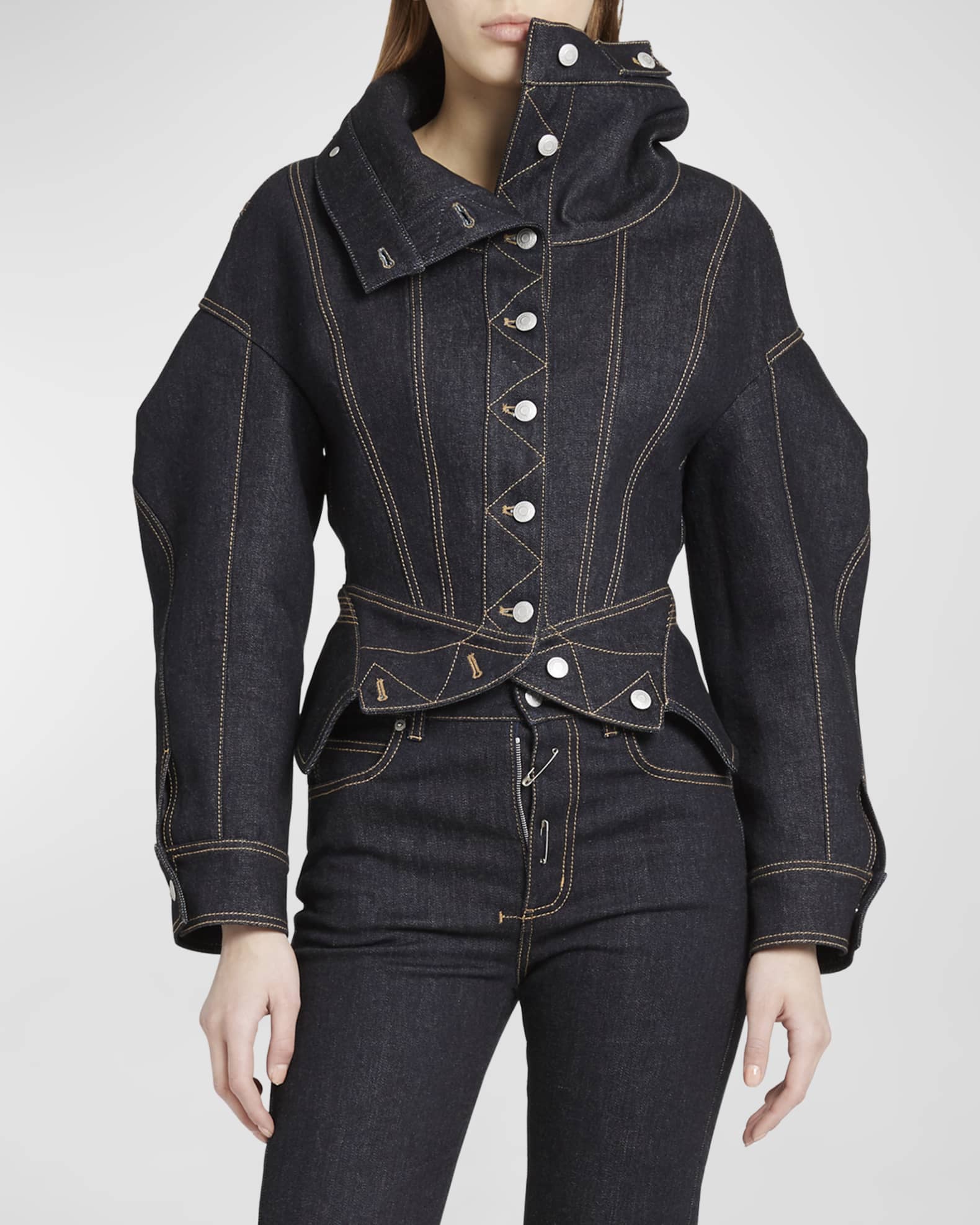 Alexander McQueen Peplum High-Neck Denim Jacket | Neiman Marcus