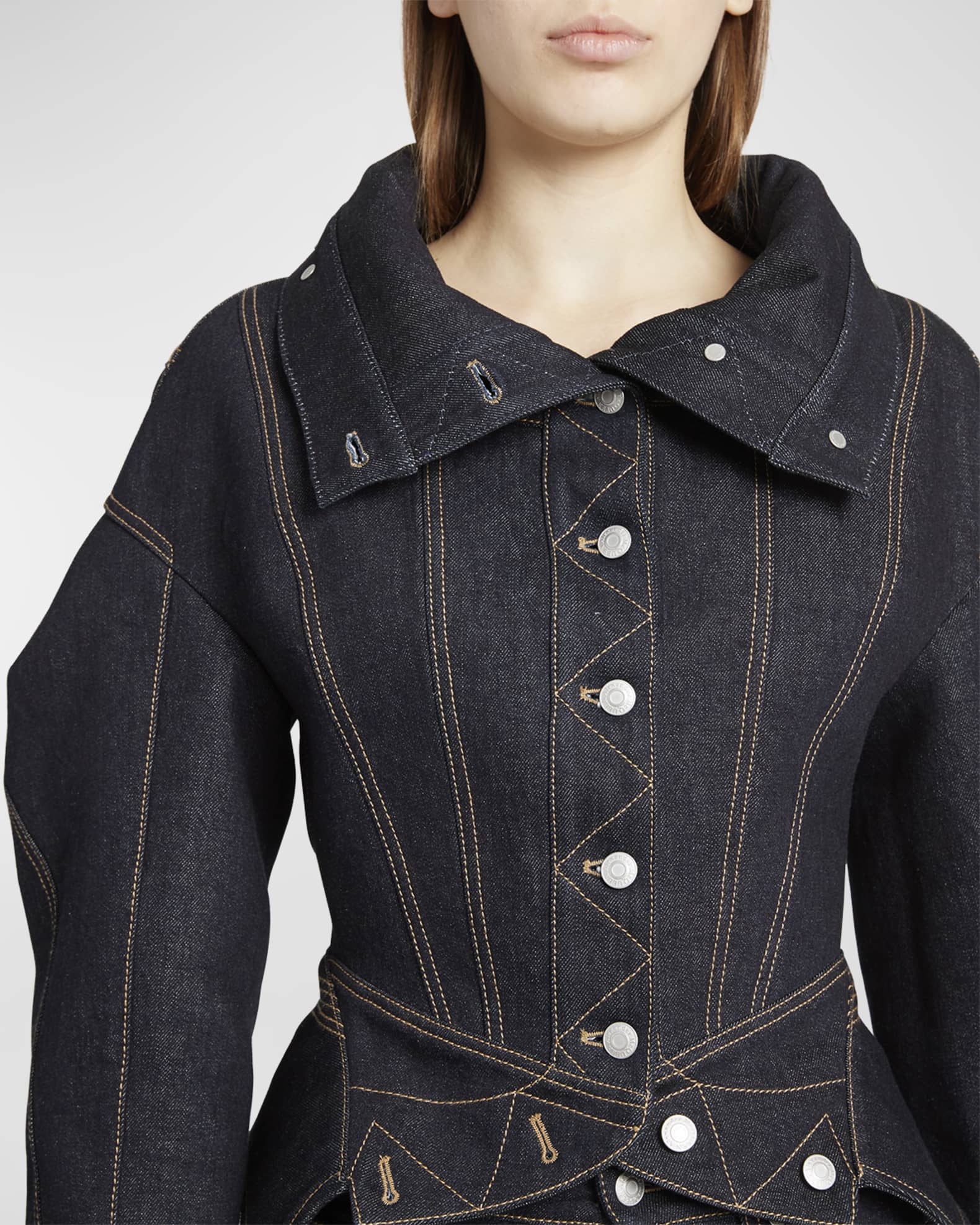 Alexander McQueen Peplum High-Neck Denim Jacket | Neiman Marcus