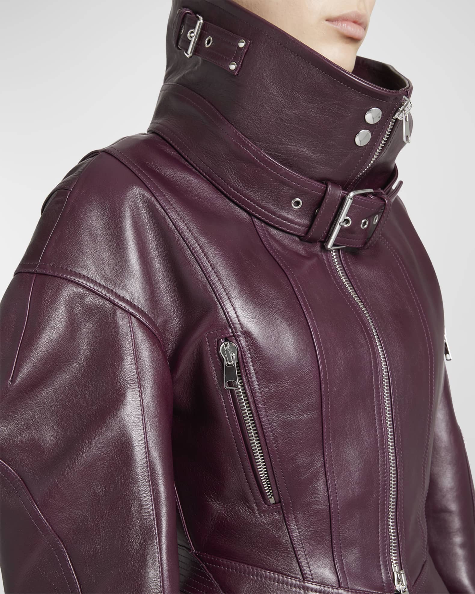 Alexander McQueen Peplum High-Neck Leather Biker Jacket | Neiman Marcus