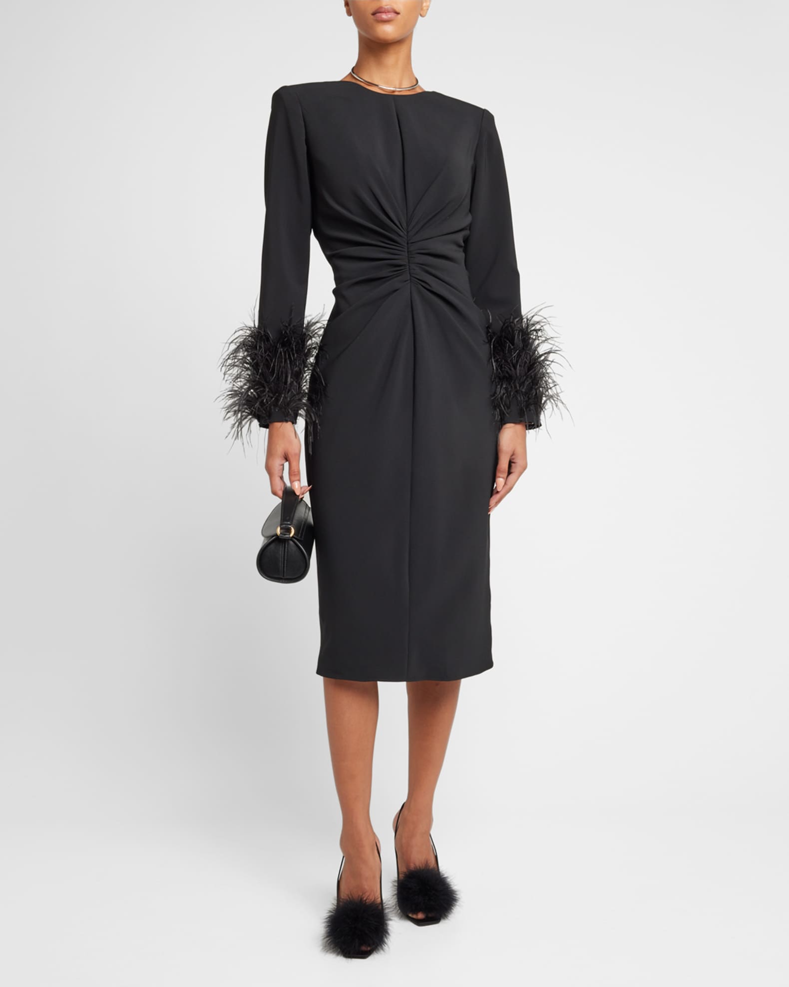 Jovani Ruched Feather-Trim Sheath Midi Dress | Neiman Marcus