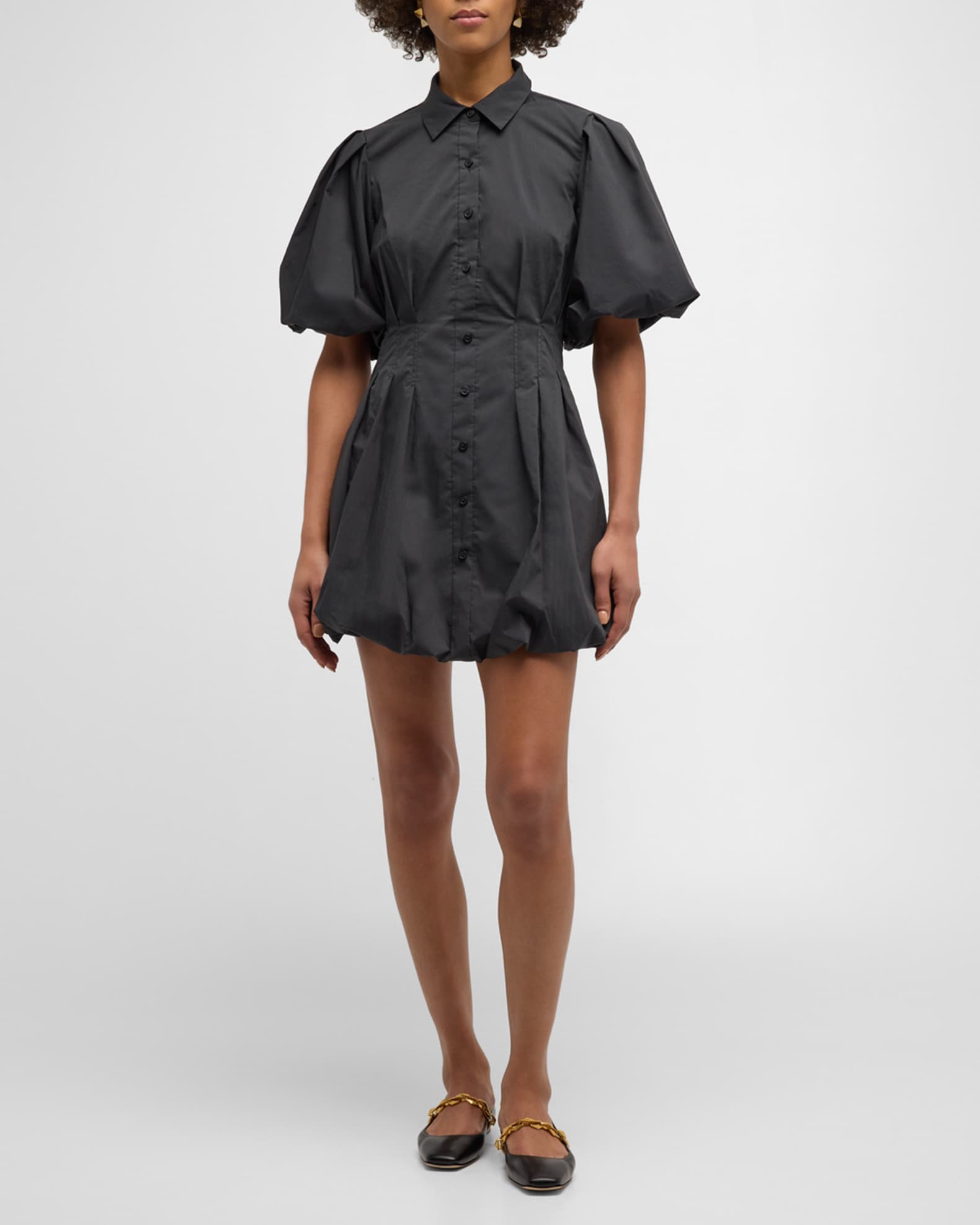 SIMKHAI Cleo Polin Balloon-Sleeve Pleated Mini Dress | Neiman Marcus