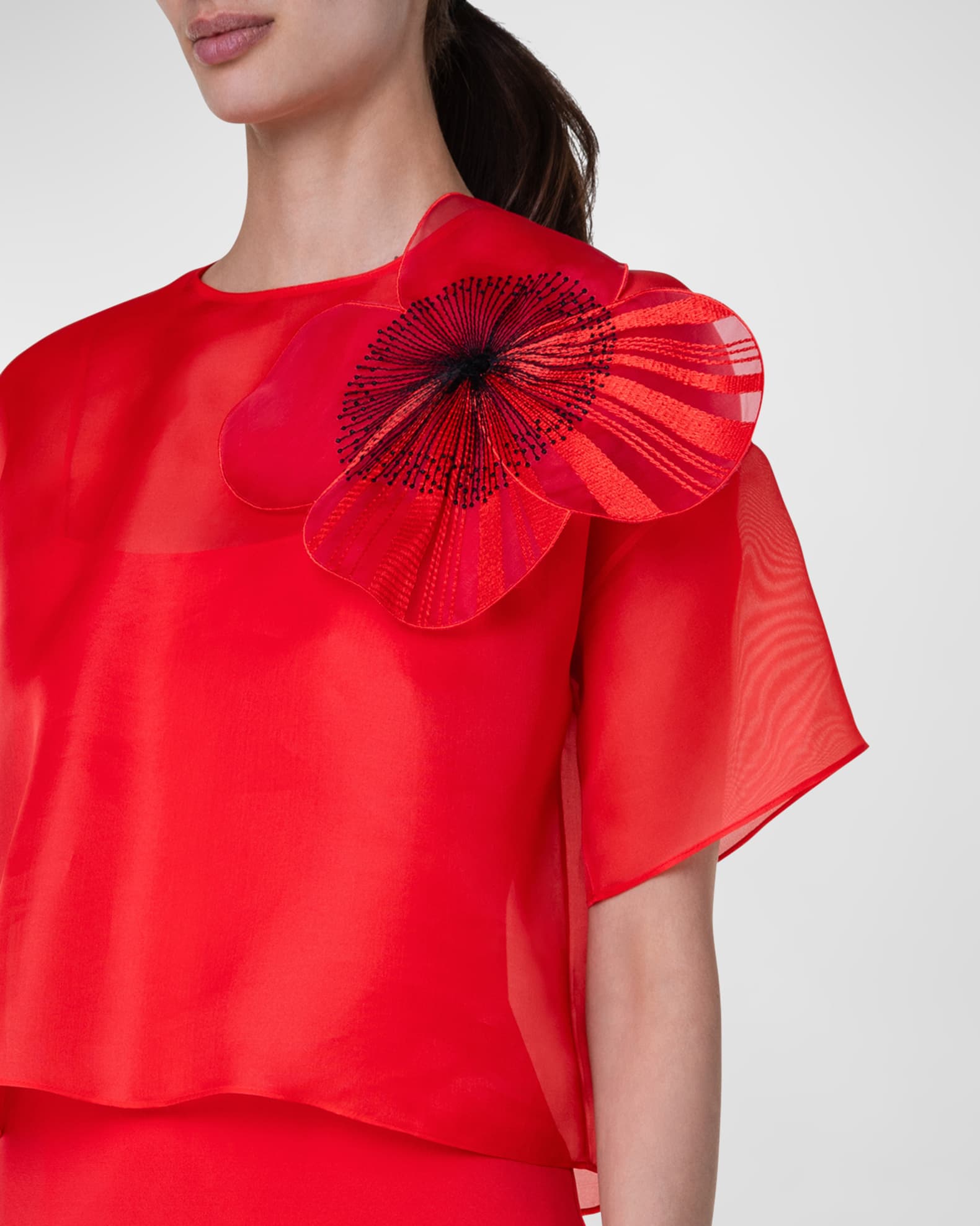 Akris Organza Cropped Blouse with Poppy Patch | Neiman Marcus
