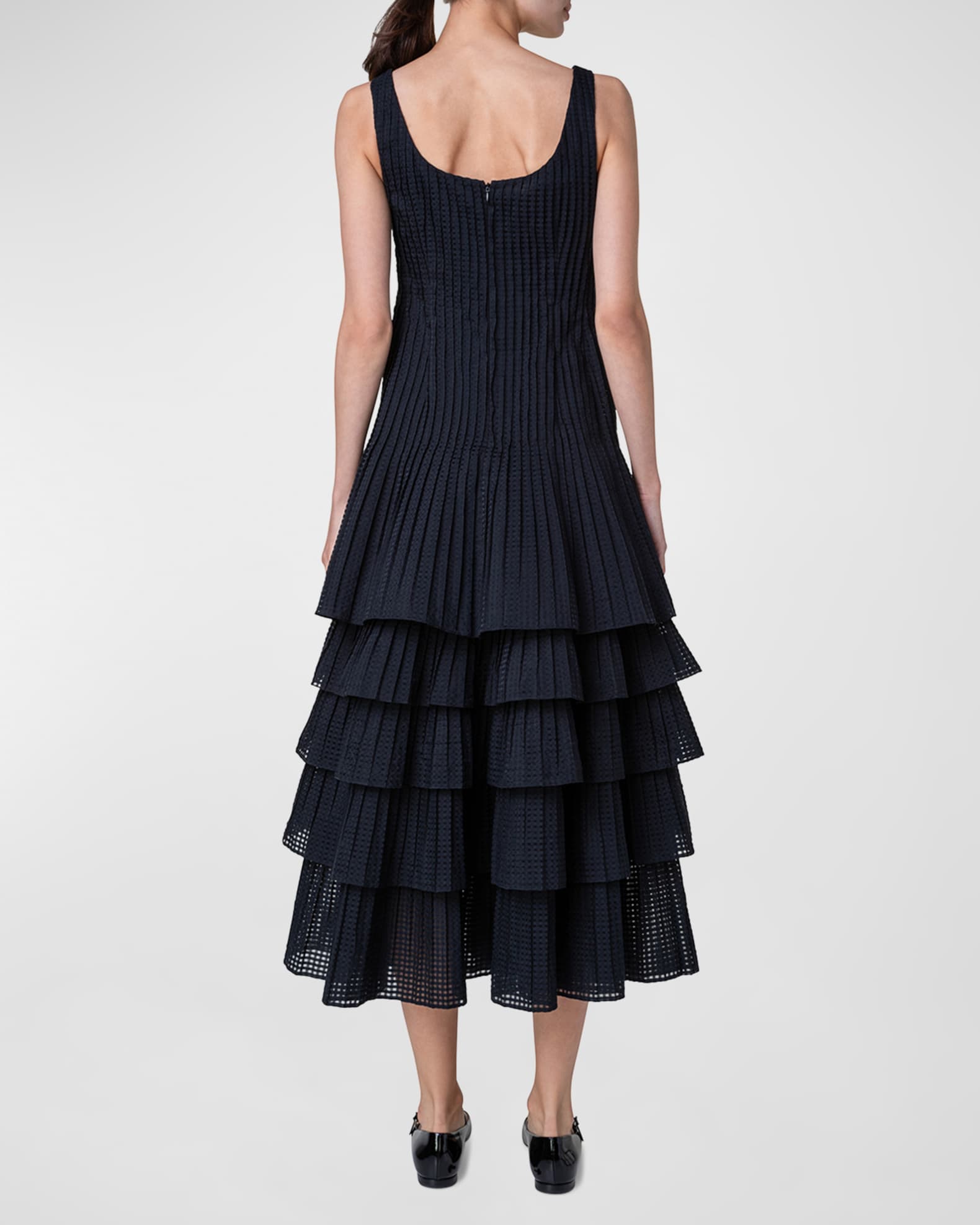 Akris Organza Grid Midi Dress with Plisse Layer Skirt | Neiman Marcus