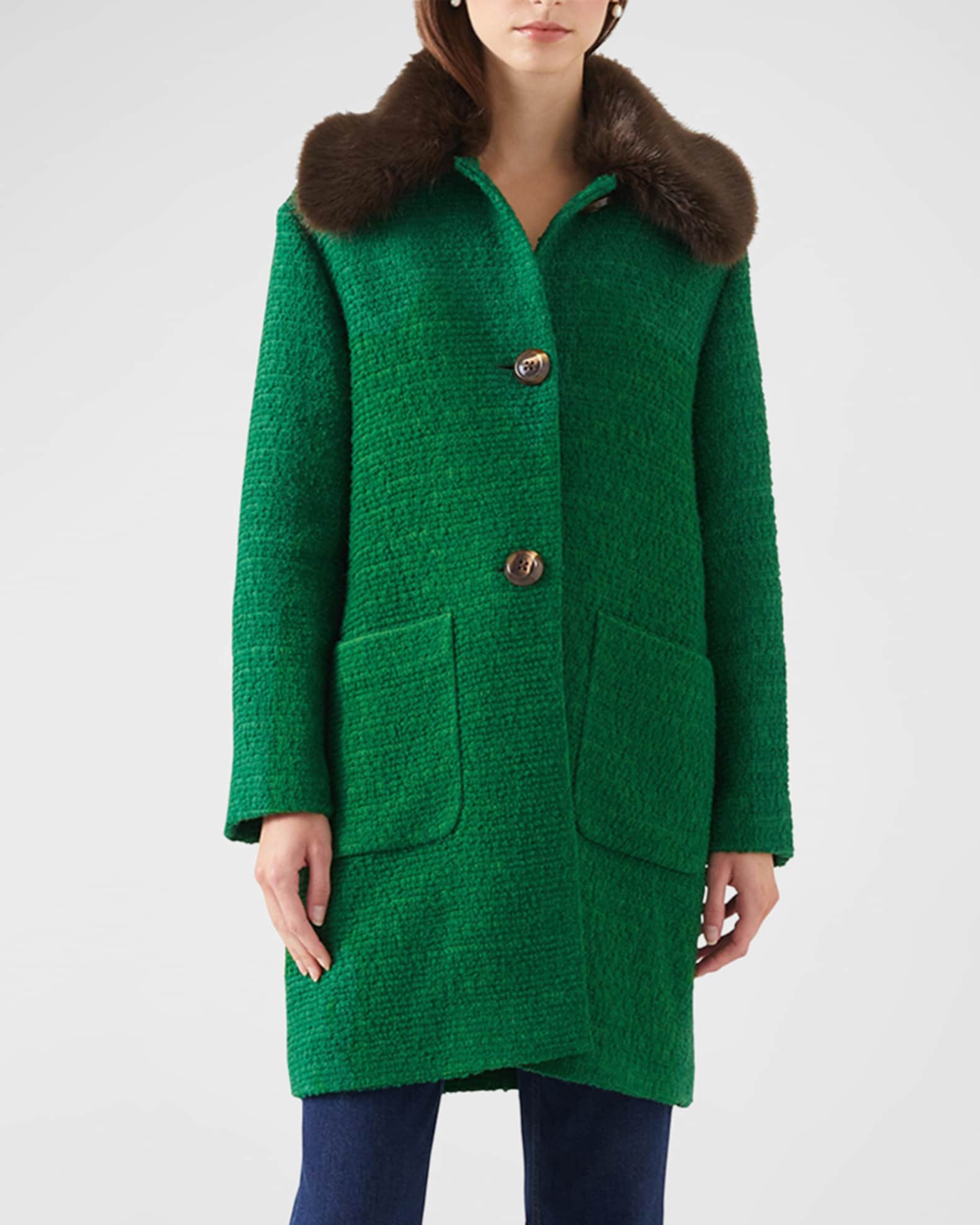 LK Bennett Aster Faux Fur-Trim Boucle Coat | Neiman Marcus