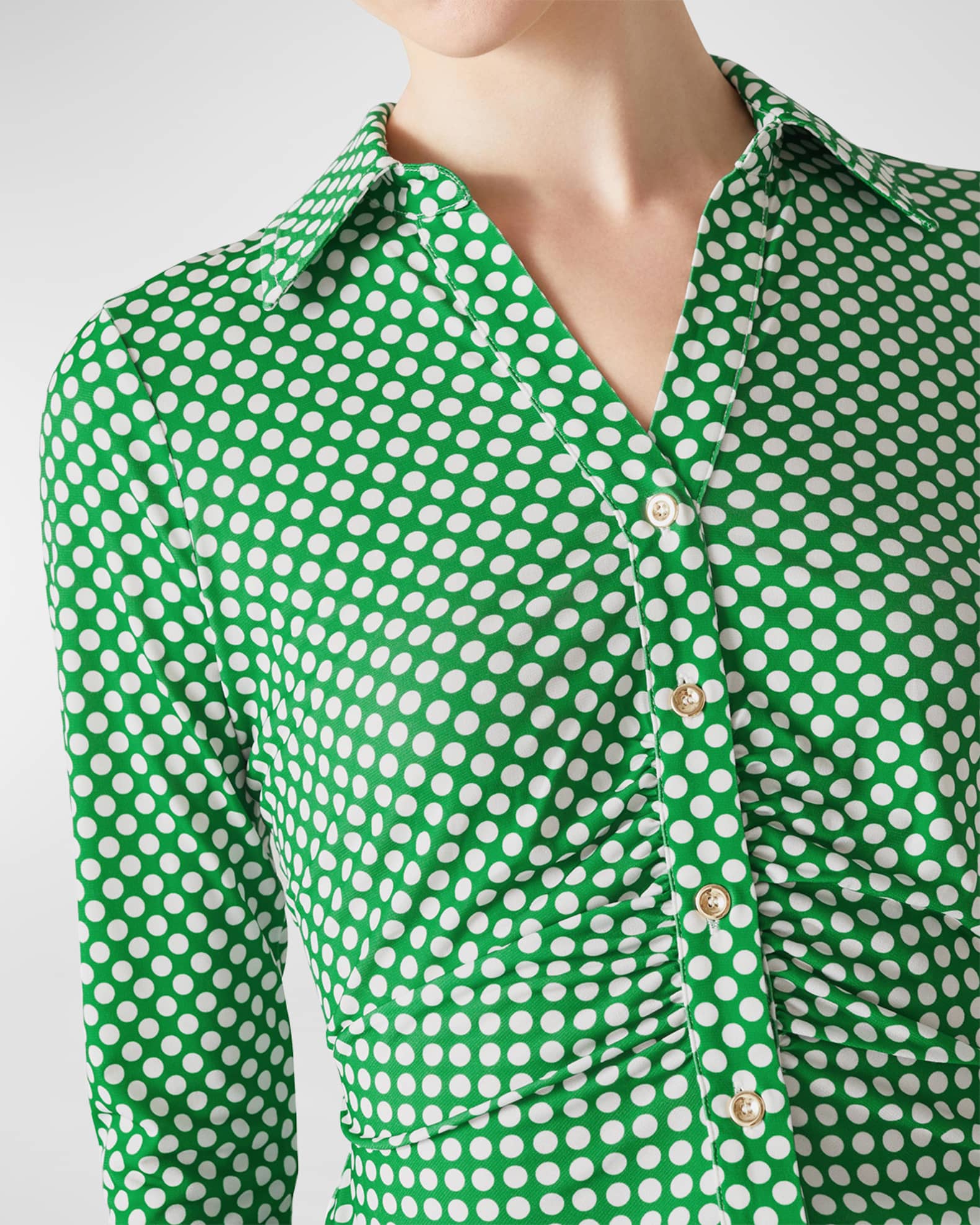 LK Bennett Molly Ruched Polka-Dot Button-Down Top | Neiman Marcus