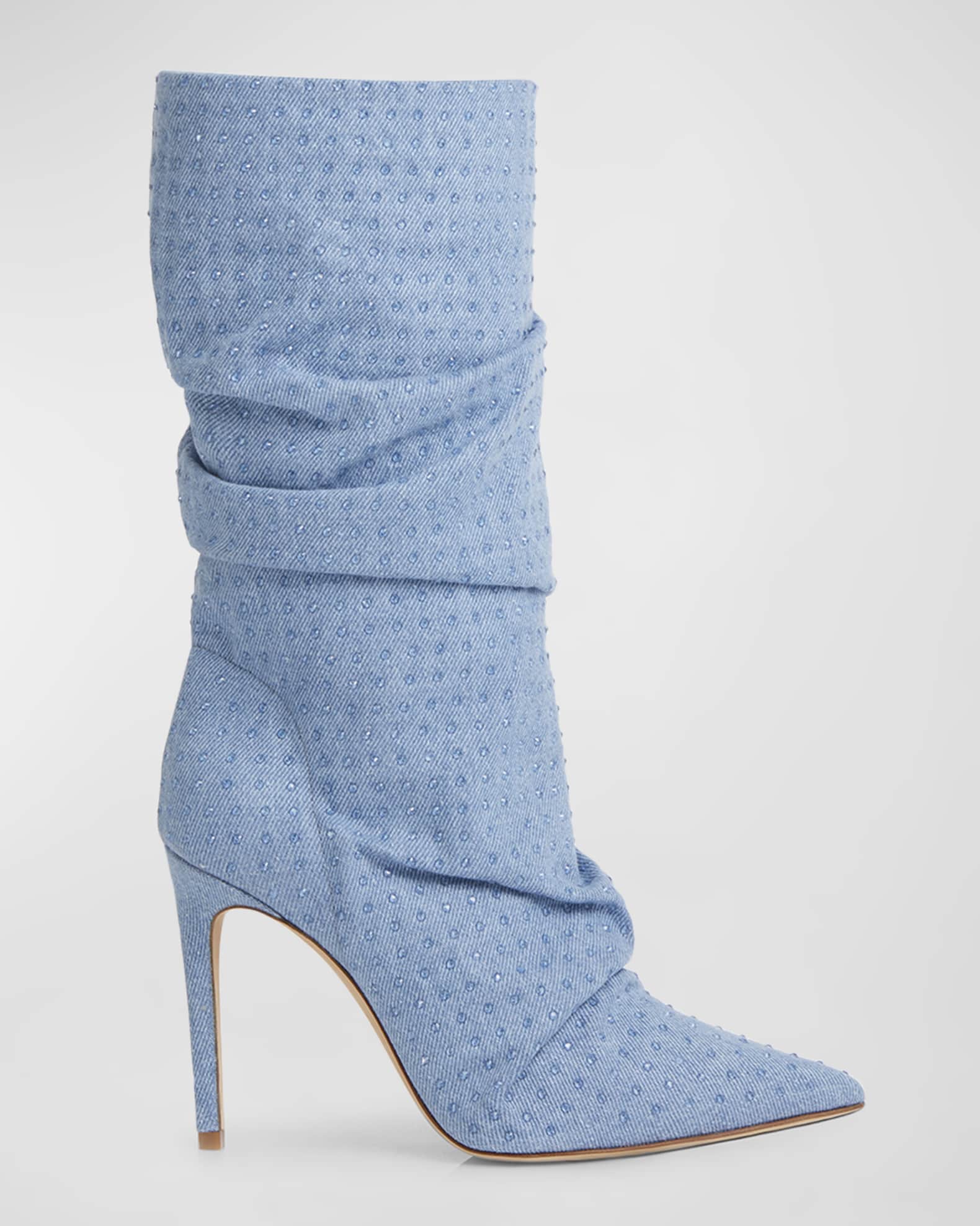 Prota Fiori Poppy Studded Recycled Denim Booties | Neiman Marcus