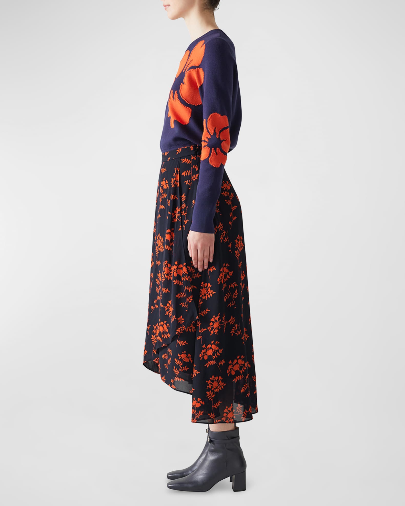 LK Bennett Krasner Floral-Print High-Low Midi Skirt | Neiman Marcus