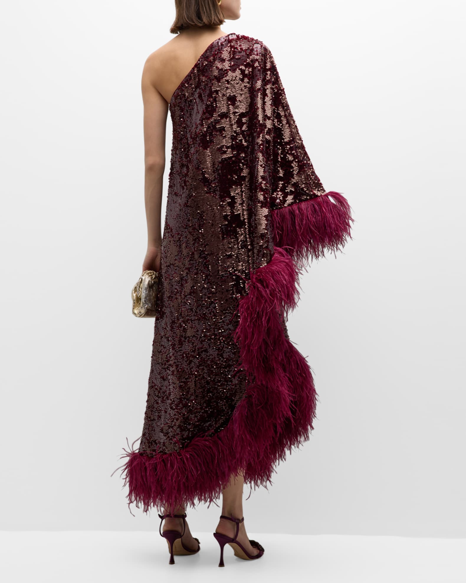 Roland Mouret Feather-Trim Sequin One-Shoulder Midi Dress | Neiman Marcus