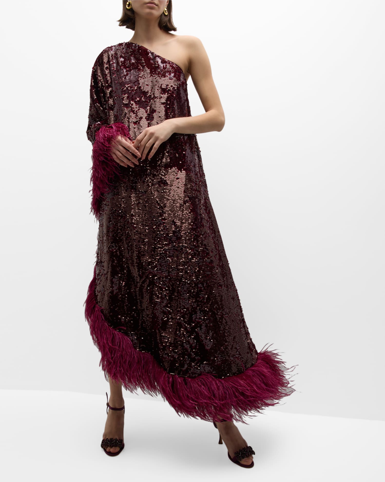 Roland Mouret Feather-Trim Sequin One-Shoulder Midi Dress | Neiman Marcus