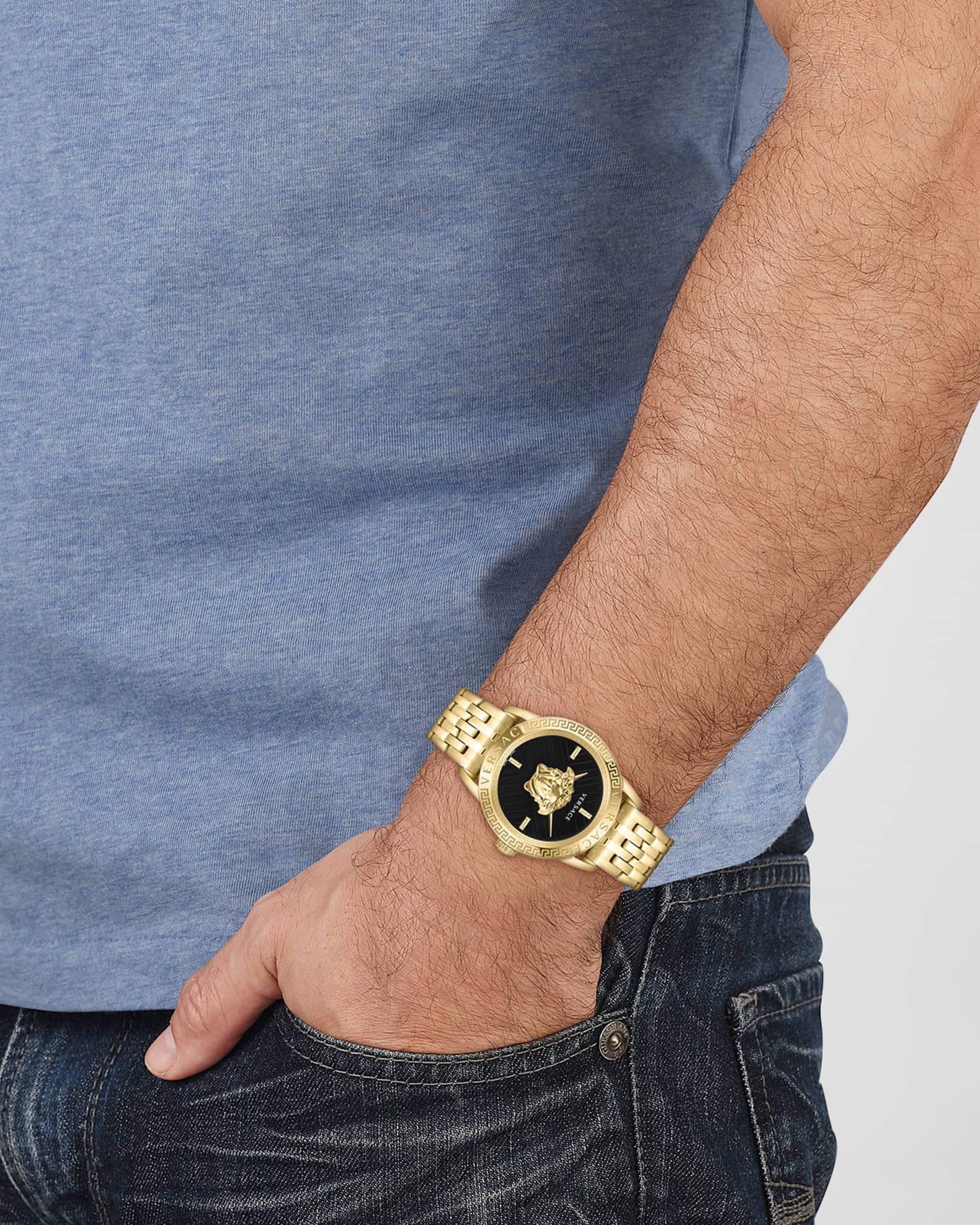 Versace Men's V-Code IP Yellow Gold Bracelet Watch, 43mm | Neiman Marcus