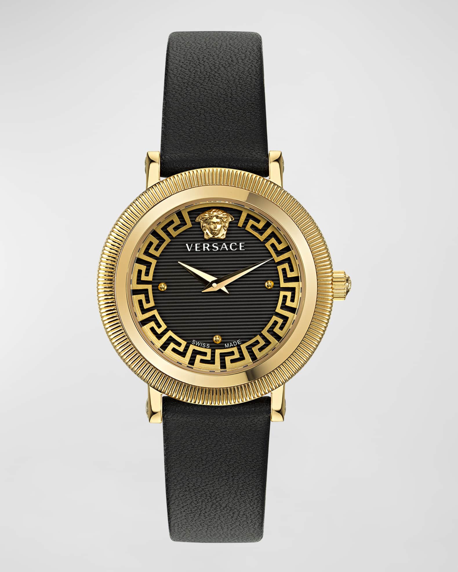 Versace 35mm Greca Flourish Watch with Leather Strap, Black | Neiman Marcus