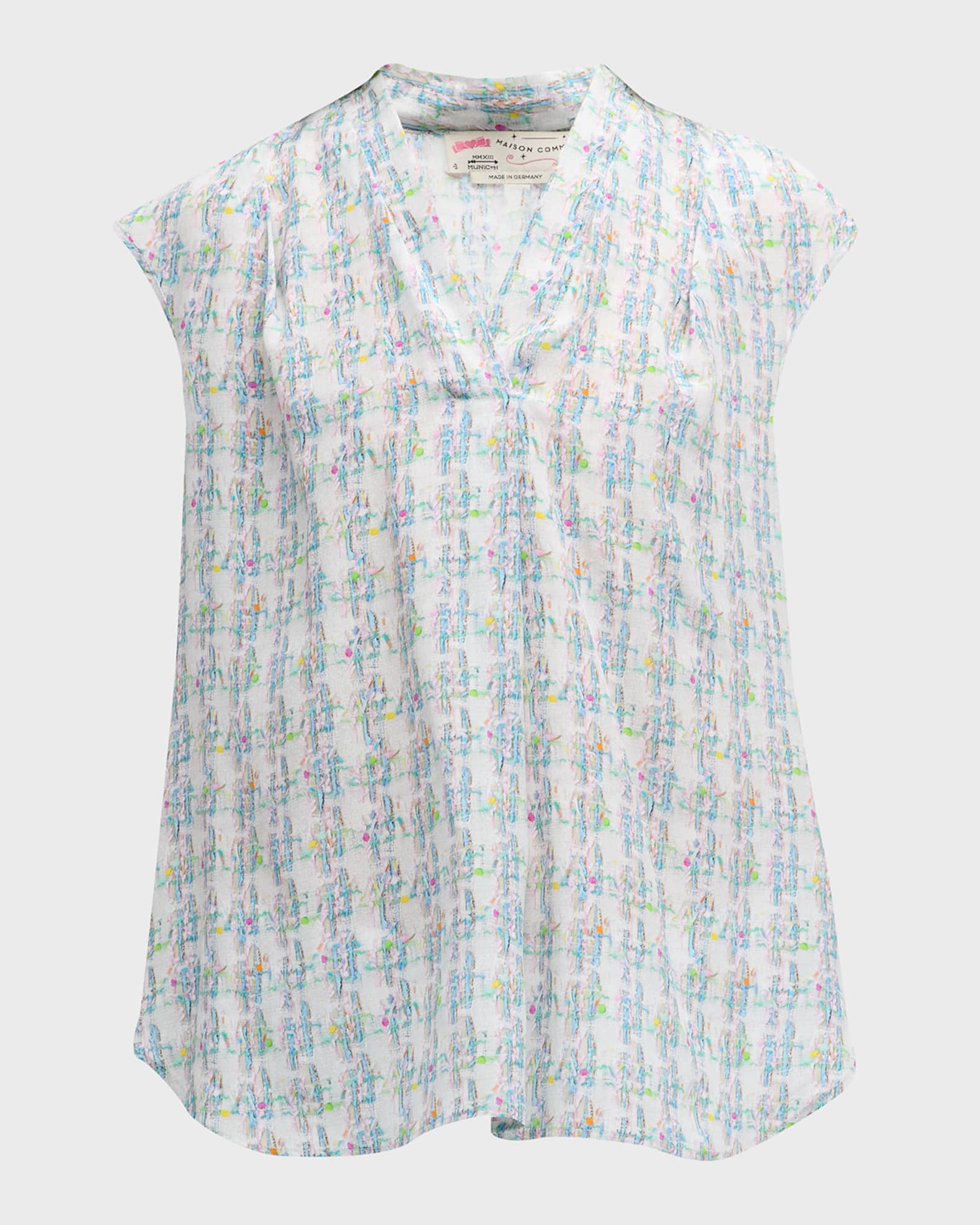 Maison Common Silk Tweed-Print V-Neck Shell Top | Neiman Marcus