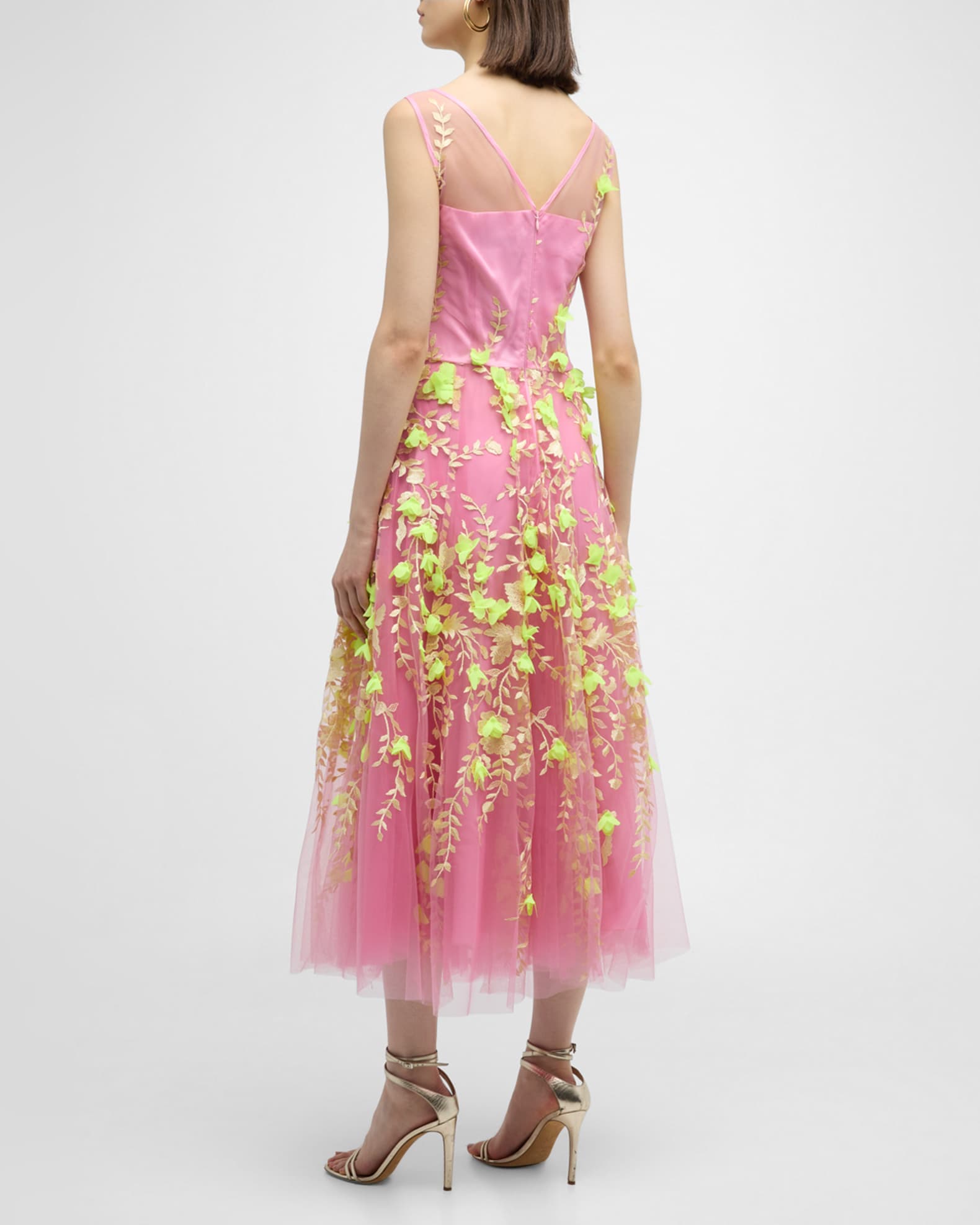 Maison Common Sleevelesss Tulle Floral Embroidered Midi Dress | Neiman ...