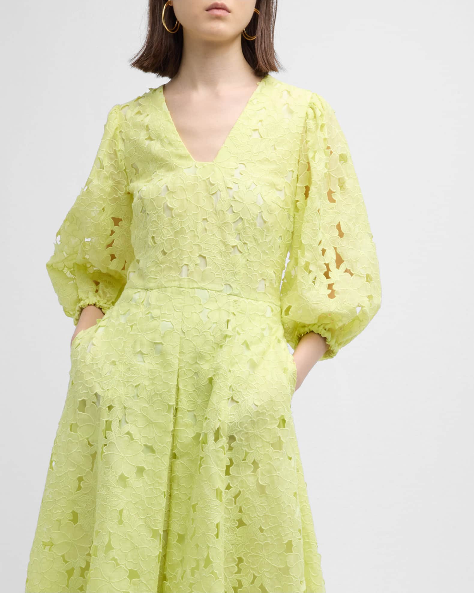 Maison Common Floral Lace 3/4-Sleeve Midi Dress | Neiman Marcus