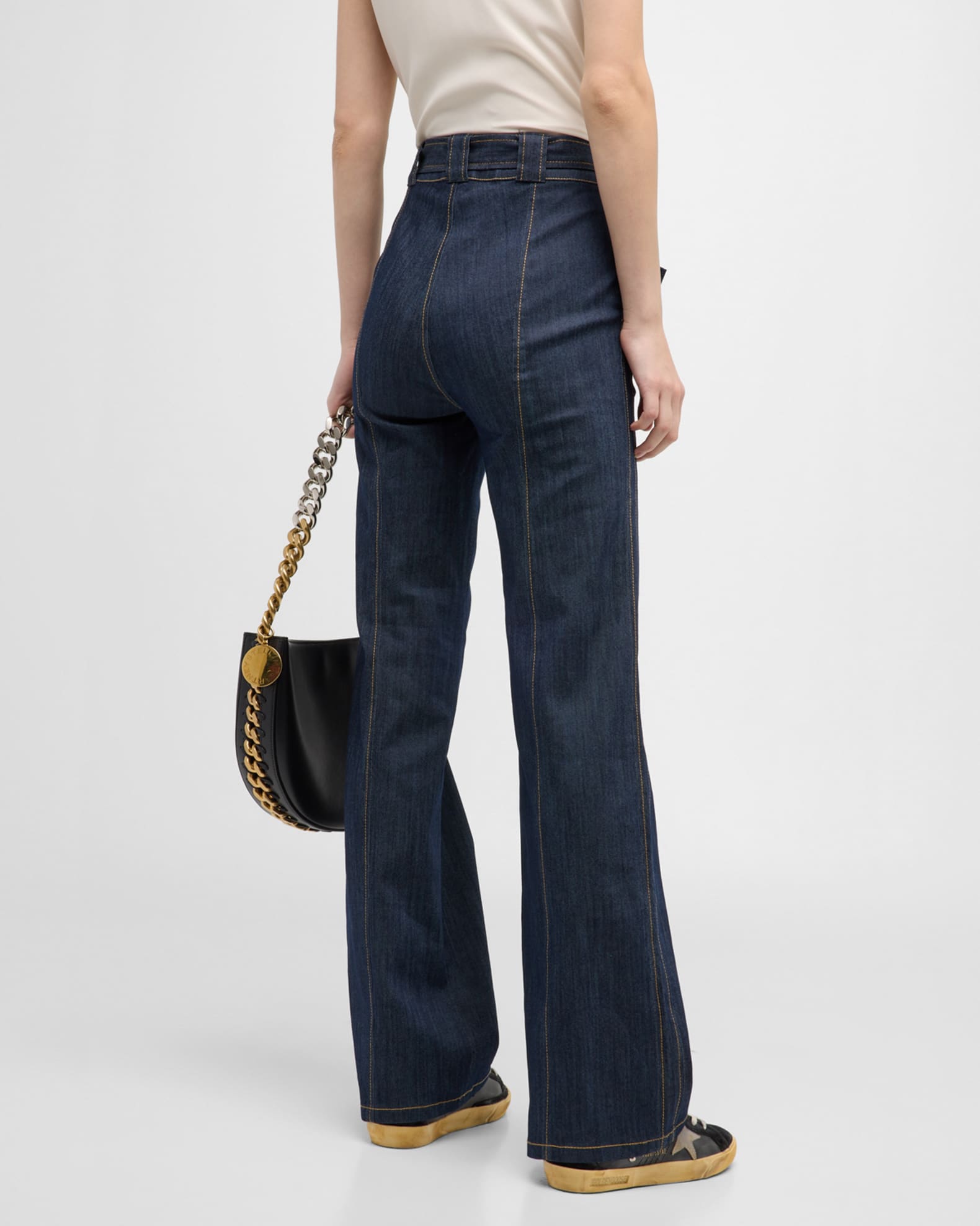 Cinq a Sept Dakota High-Rise Belted Topstitched Denim Flare Pants ...