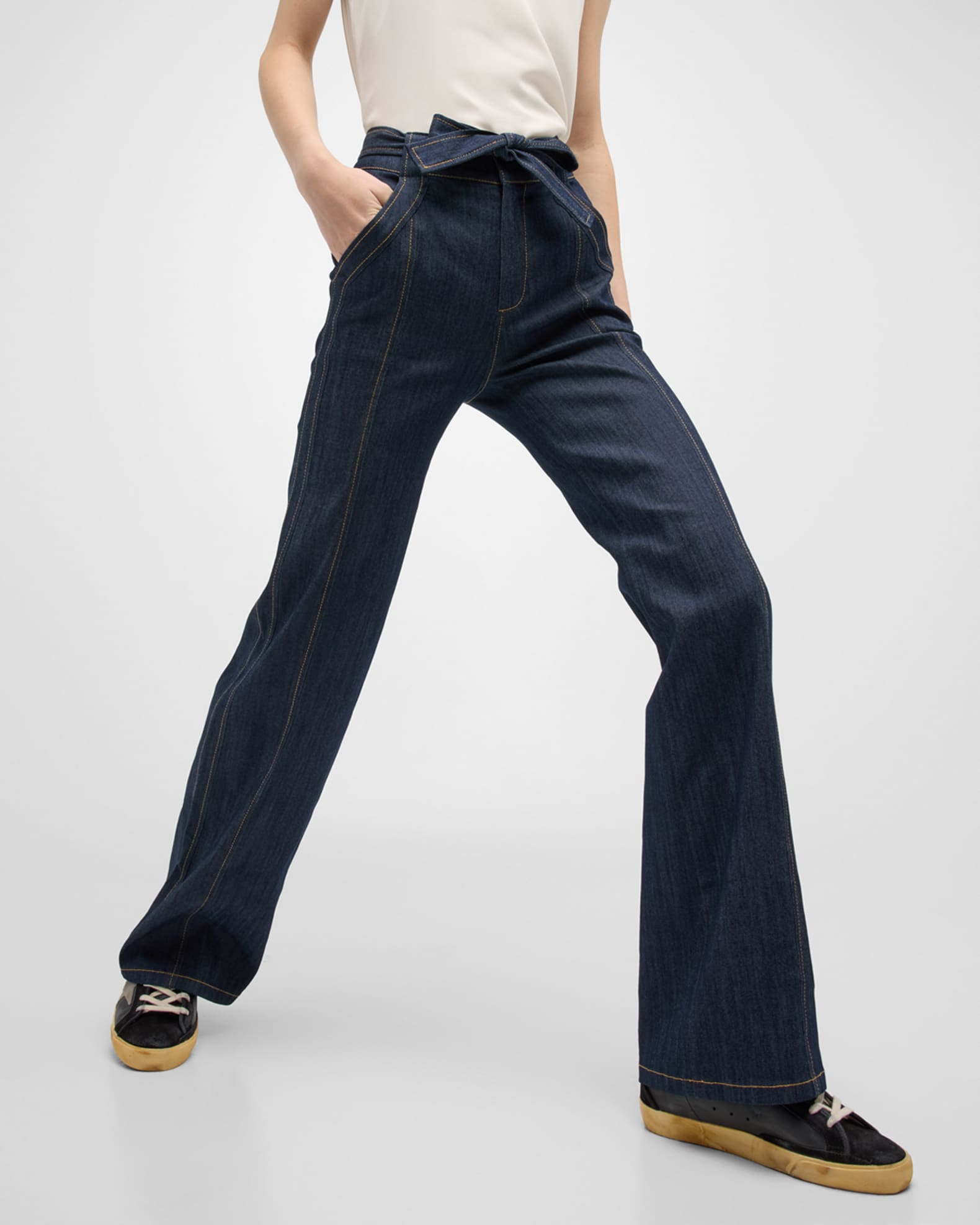 Cinq a Sept Dakota High-Rise Belted Topstitched Denim Flare Pants ...