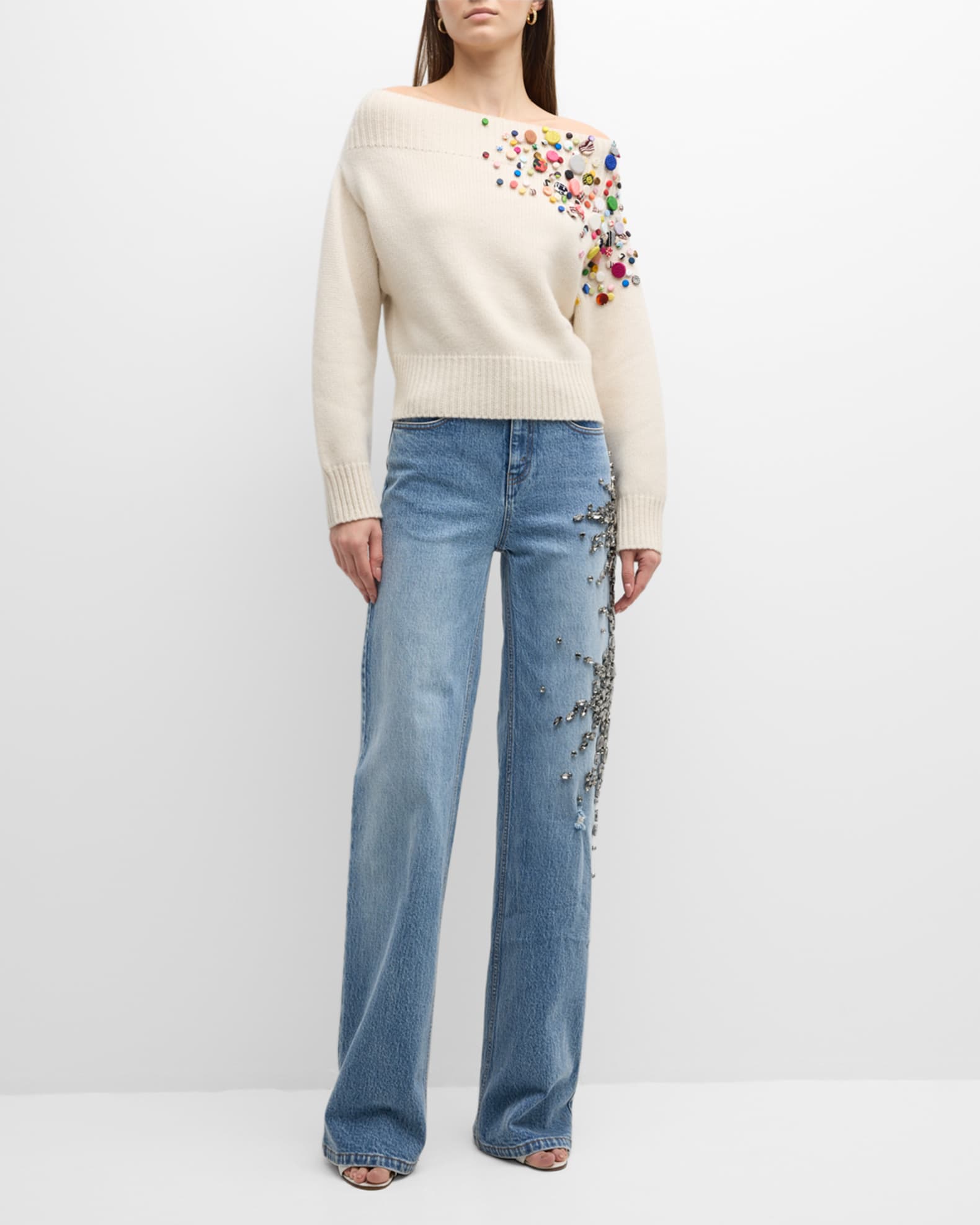 Hellessy Bruno Button Embellished Off-Shoulder Wool Cashmere Sweater | Neiman Marcus
