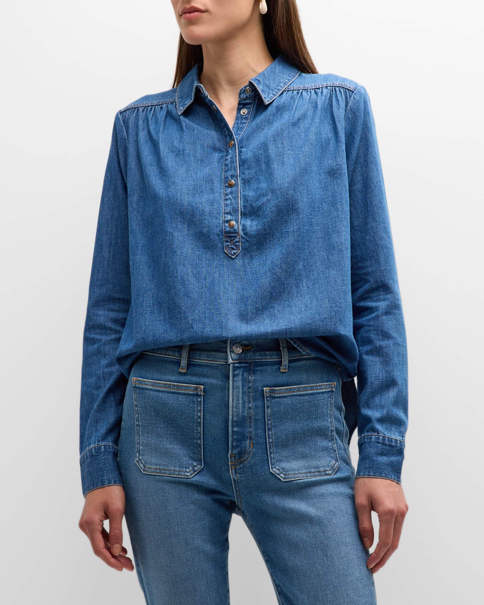 Veronica Beard Cambrie Denim Half-Button Shirt | Neiman Marcus