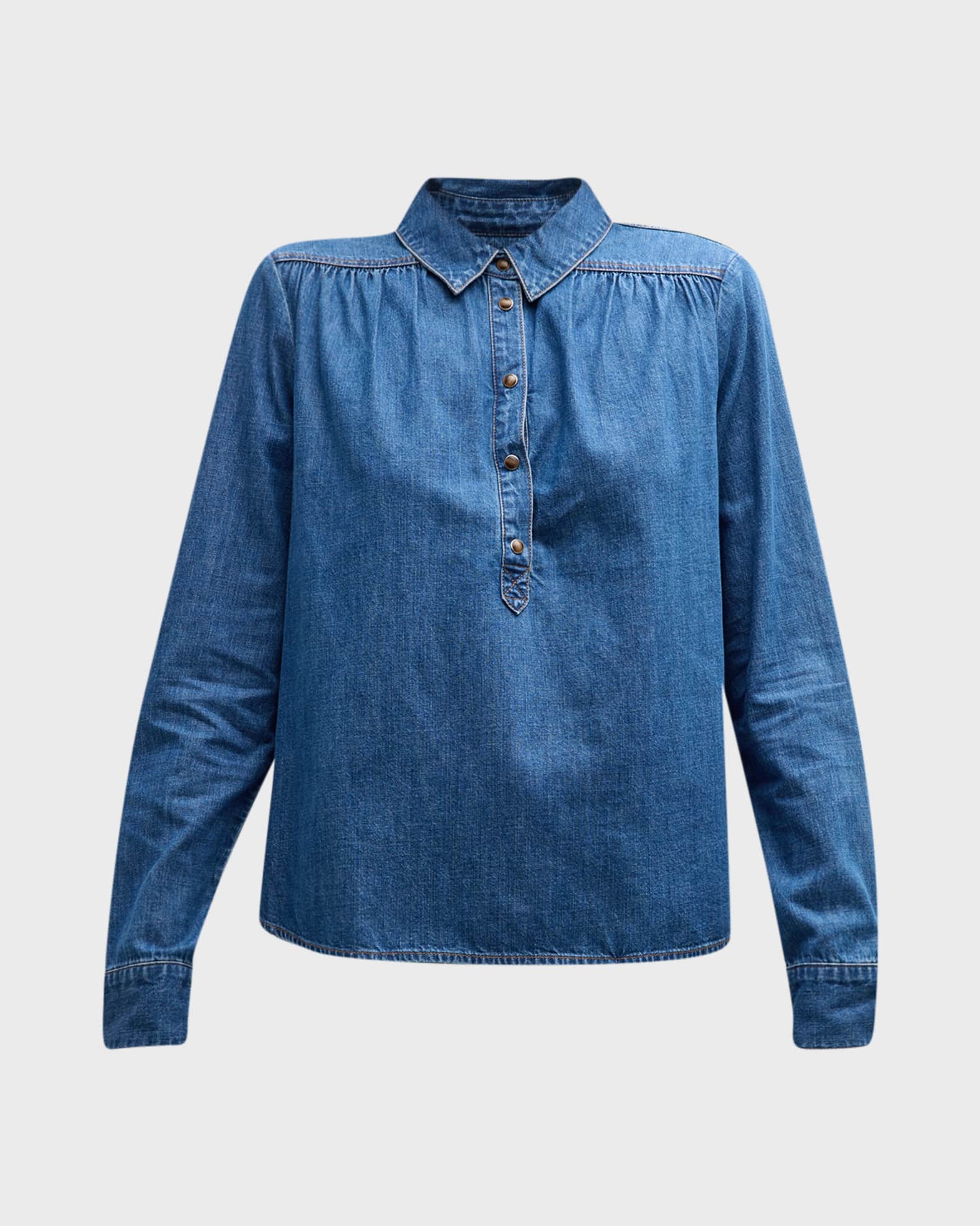 Veronica Beard Cambrie Denim Half-Button Shirt | Neiman Marcus