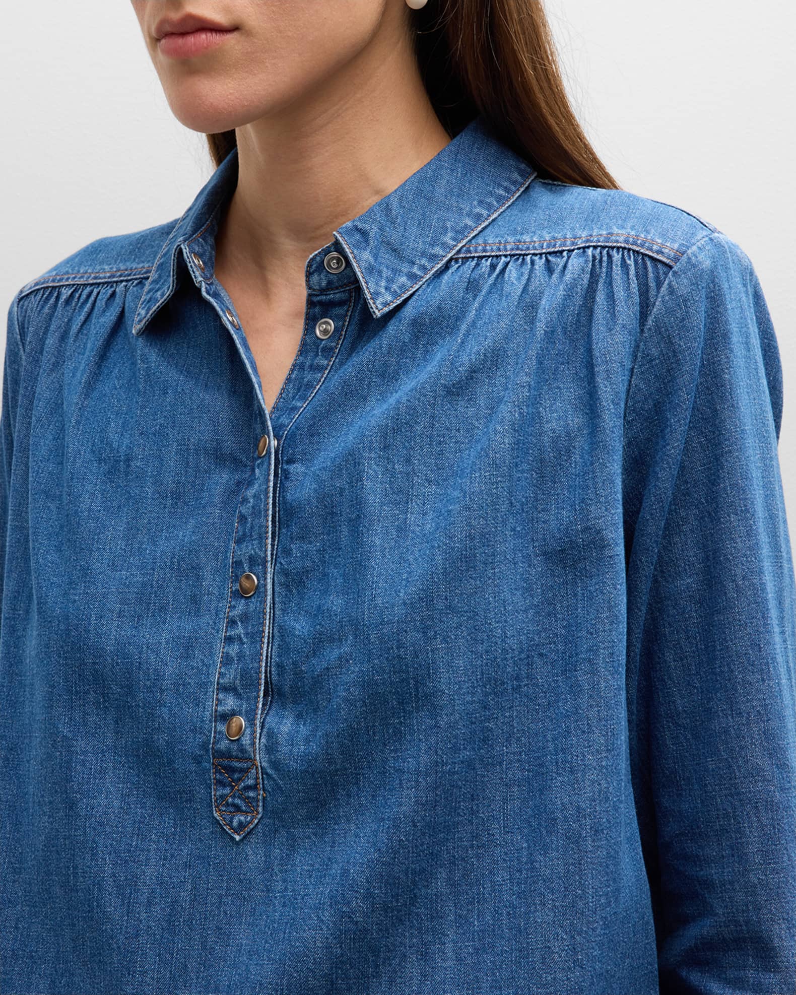Veronica Beard Cambrie Denim Half-Button Shirt | Neiman Marcus