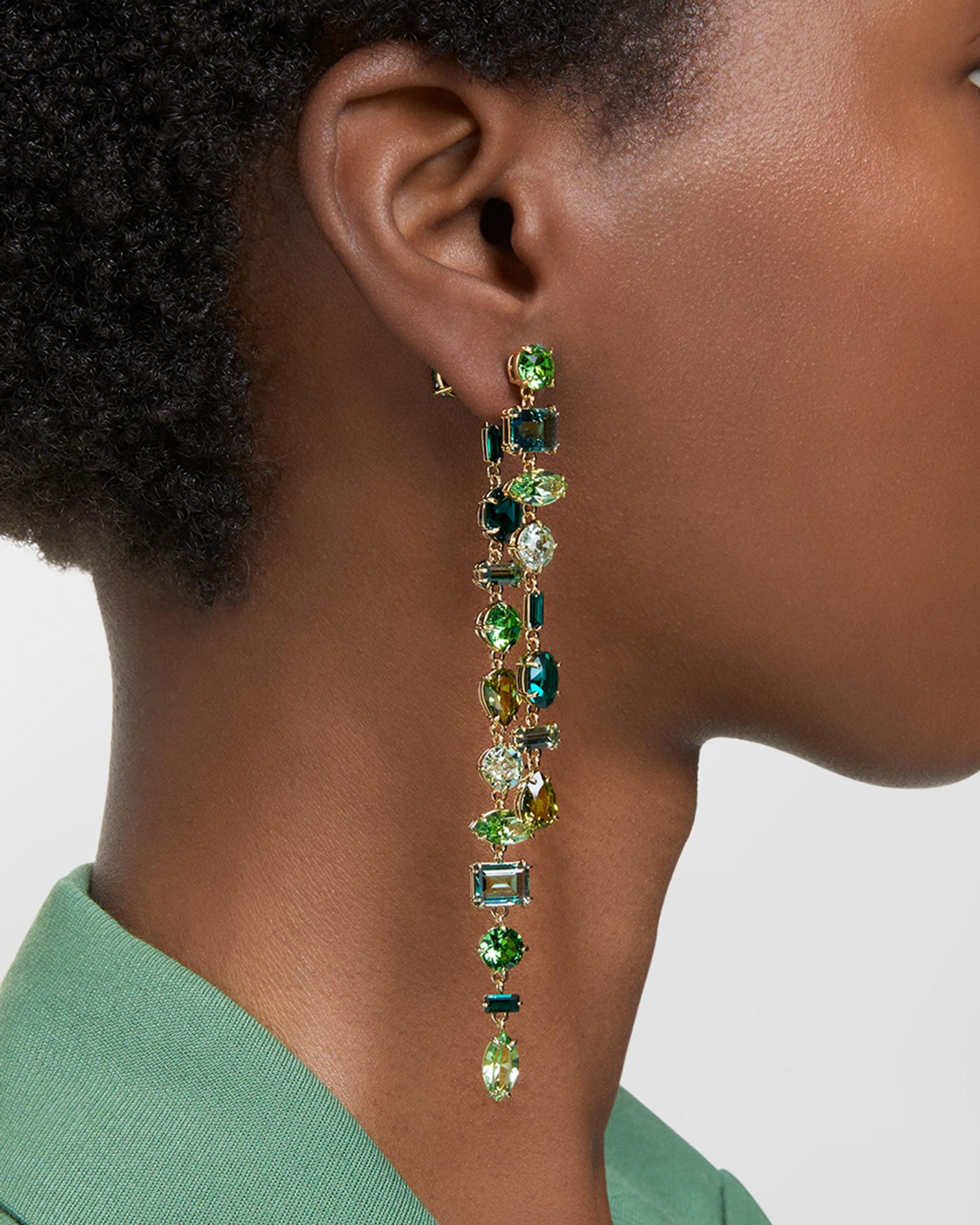 SWAROVSKI Gold-Tone Mix-Cut Green Crystal Drop Earrings | Neiman Marcus