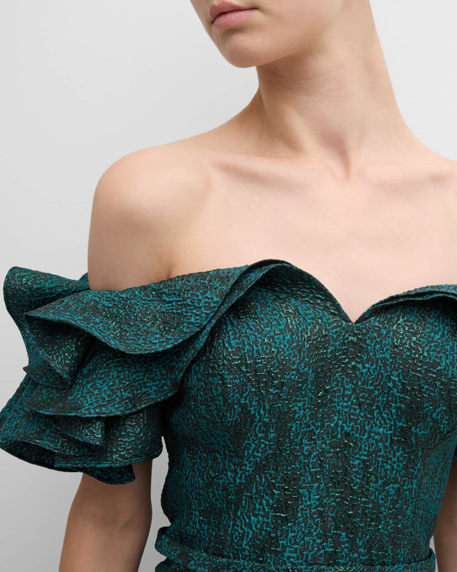 Rickie Freeman for Teri Jon Off-Shoulder Flutter-Sleeve Jacquard Gown ...