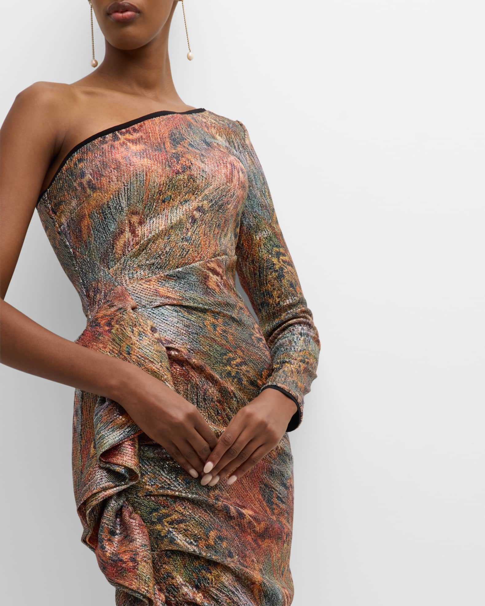 Chiara Boni La Petite Robe Delphi One-Shoulder Sequin Ruffle Midi Dress ...