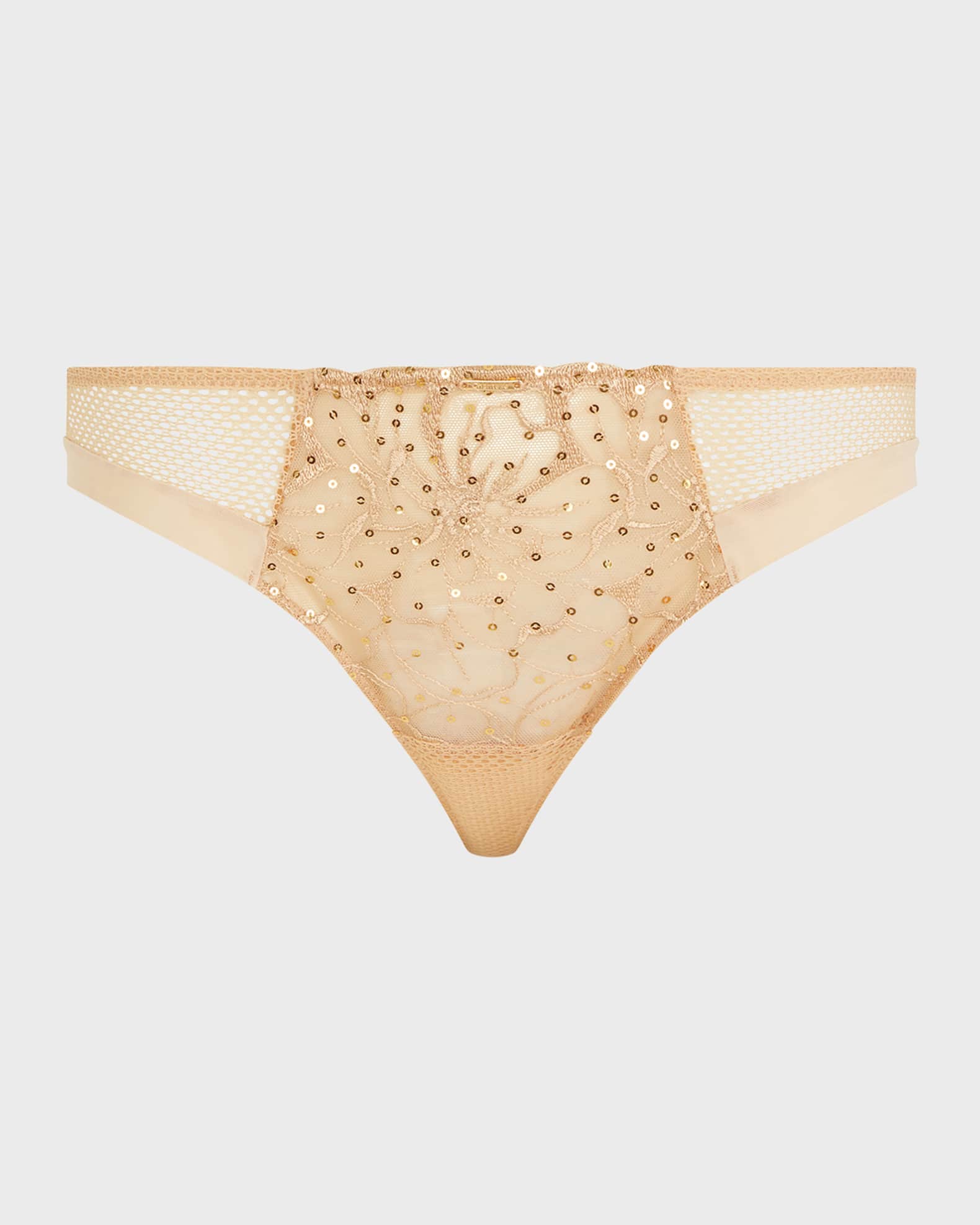 Chantelle Fleurs Floral-Embroidered Tulle & Fishnet Tanga | Neiman Marcus