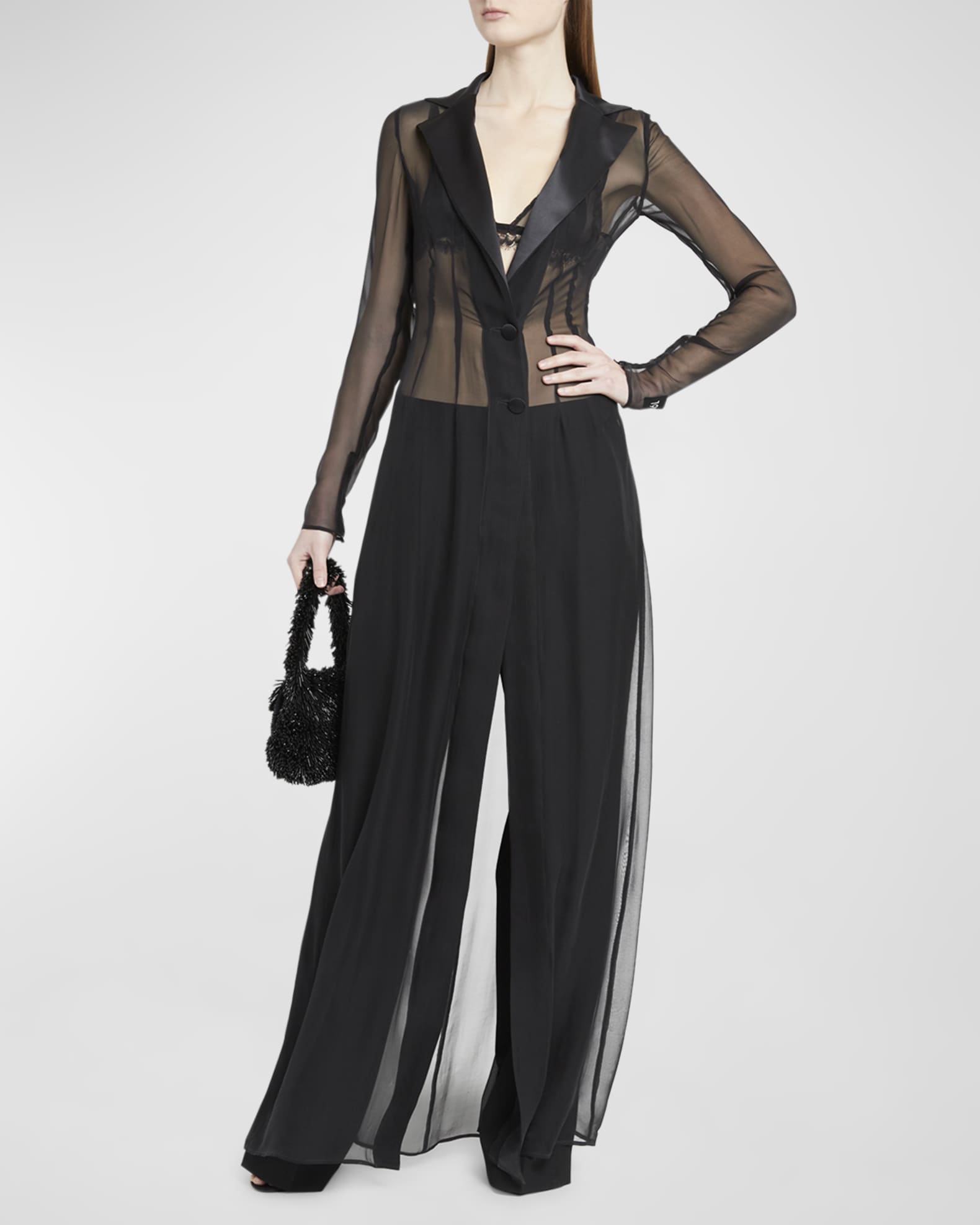 Dolce&Gabbana Satin-Lapel Sheer Silk Chiffon Long Coat | Neiman Marcus