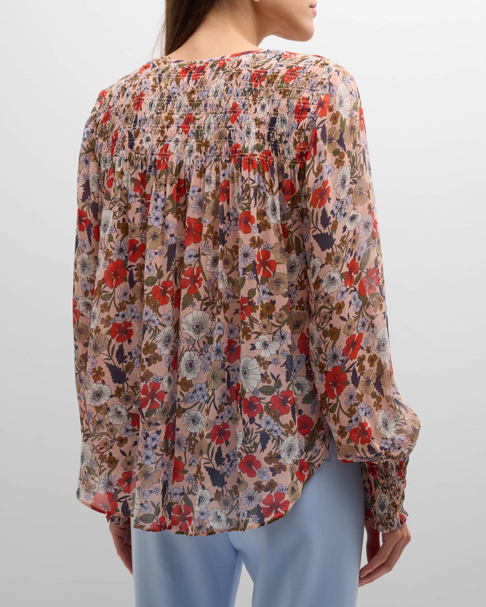 Veronica Beard Neha Floral Smocked Long-Sleeve Top | Neiman Marcus