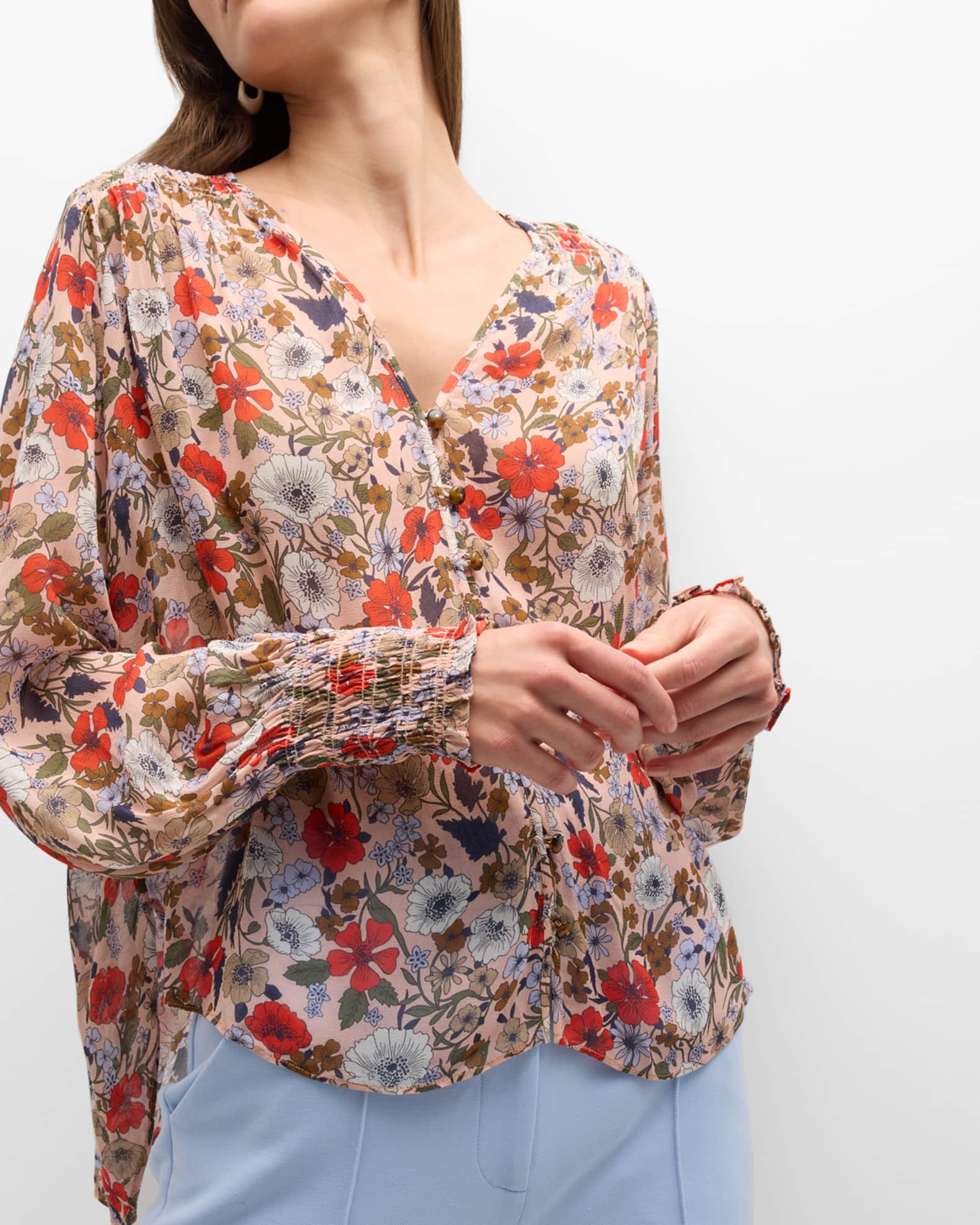Veronica Beard Neha Floral Smocked Long-Sleeve Top | Neiman Marcus