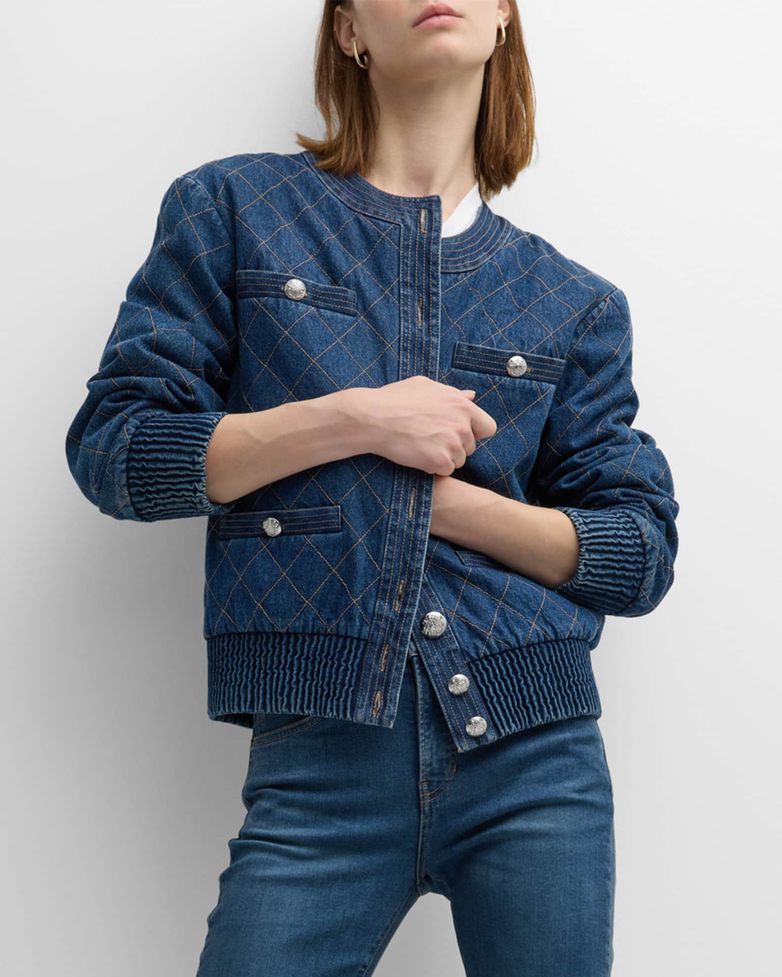 Veronica Beard Glennon Stitched Denim Bomber Jacket | Neiman Marcus