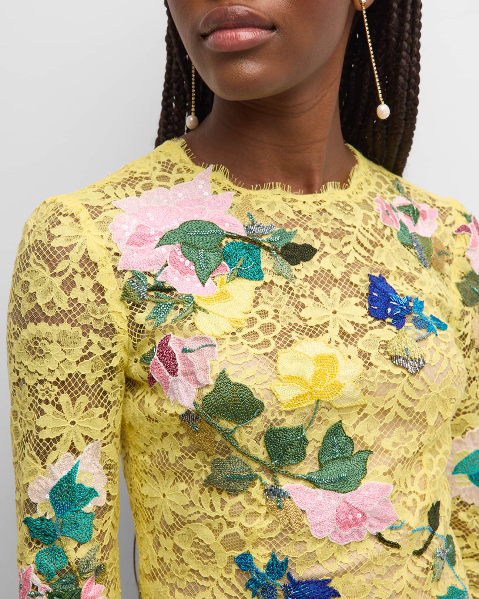 Monique Lhuillier Floral Embroidered Lace Sheath Midi Dress | Neiman Marcus