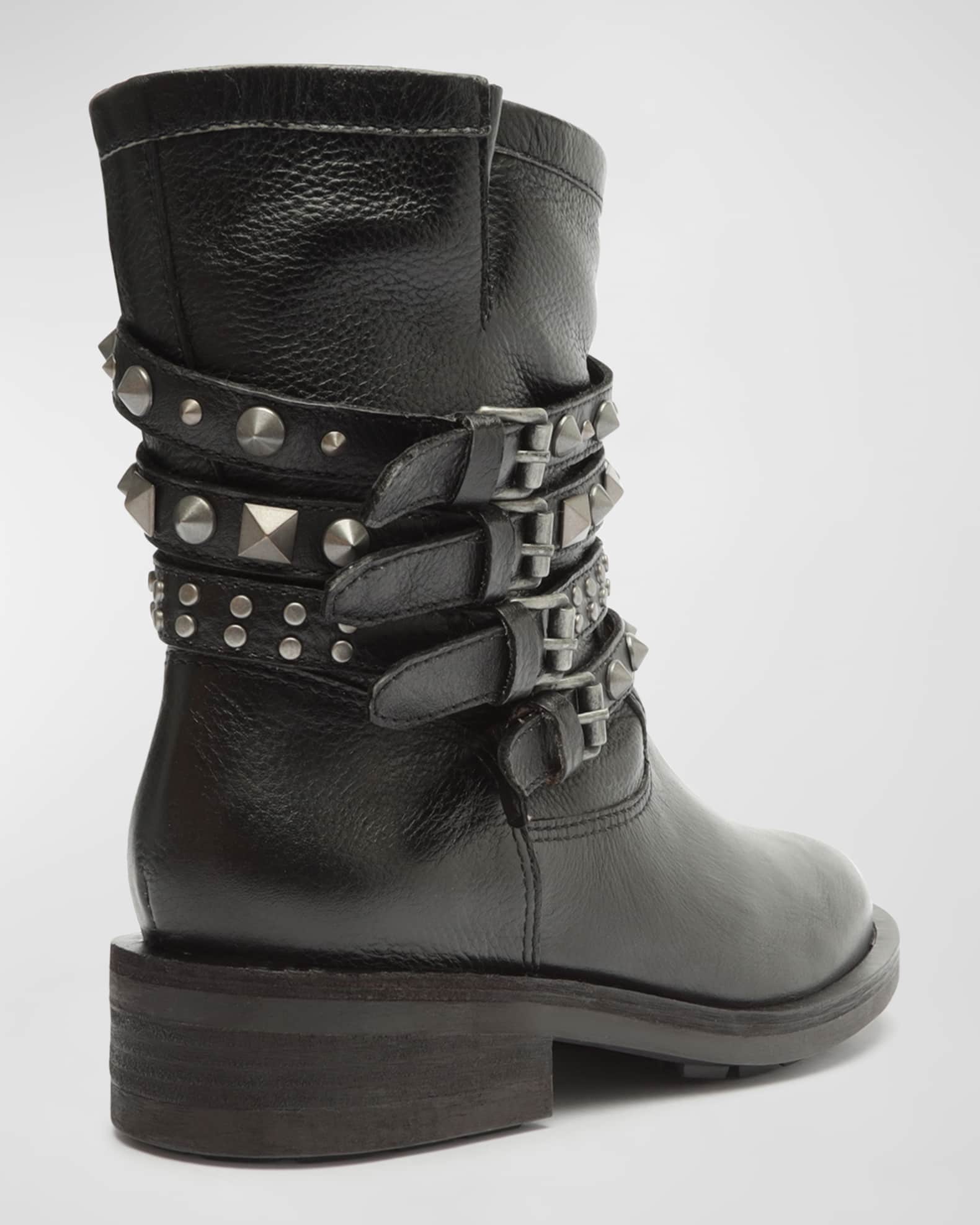 Schutz Luizia Stud Buckles Leather Moto Boots | Neiman Marcus