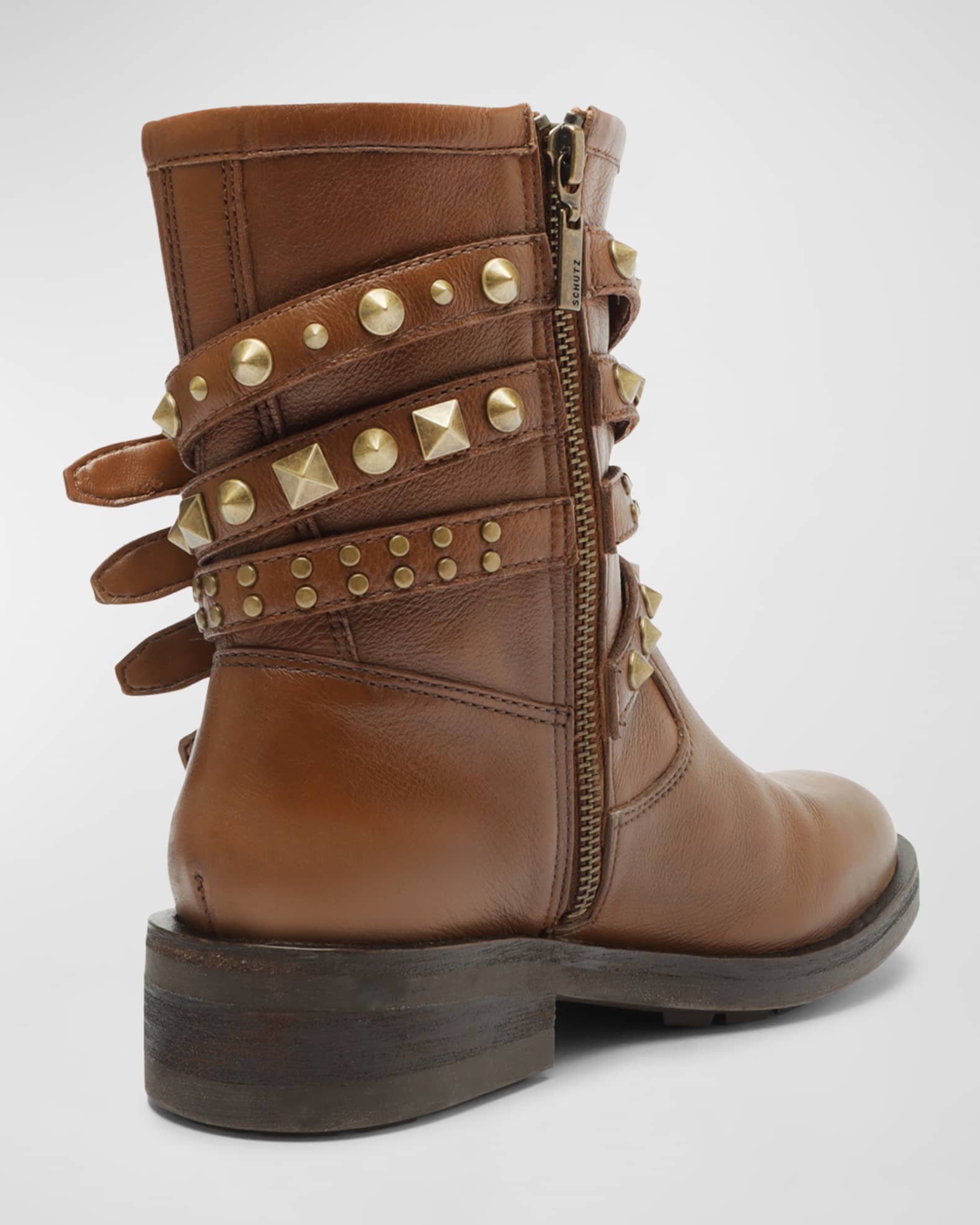 Schutz Luizia Stud Buckles Leather Moto Boots | Neiman Marcus