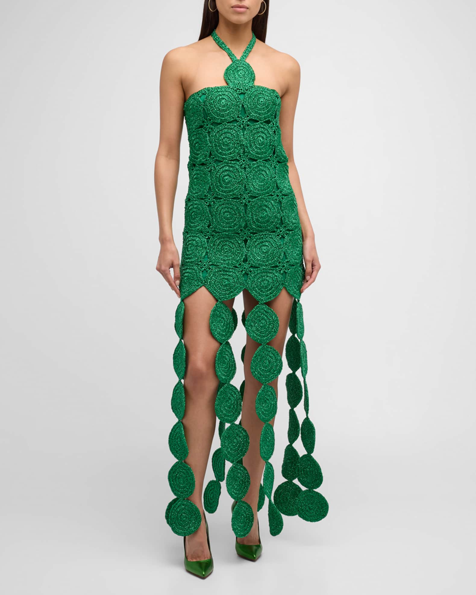 Beep Beep Lurex Crochet Cutout Halter Maxi Dress | Neiman Marcus