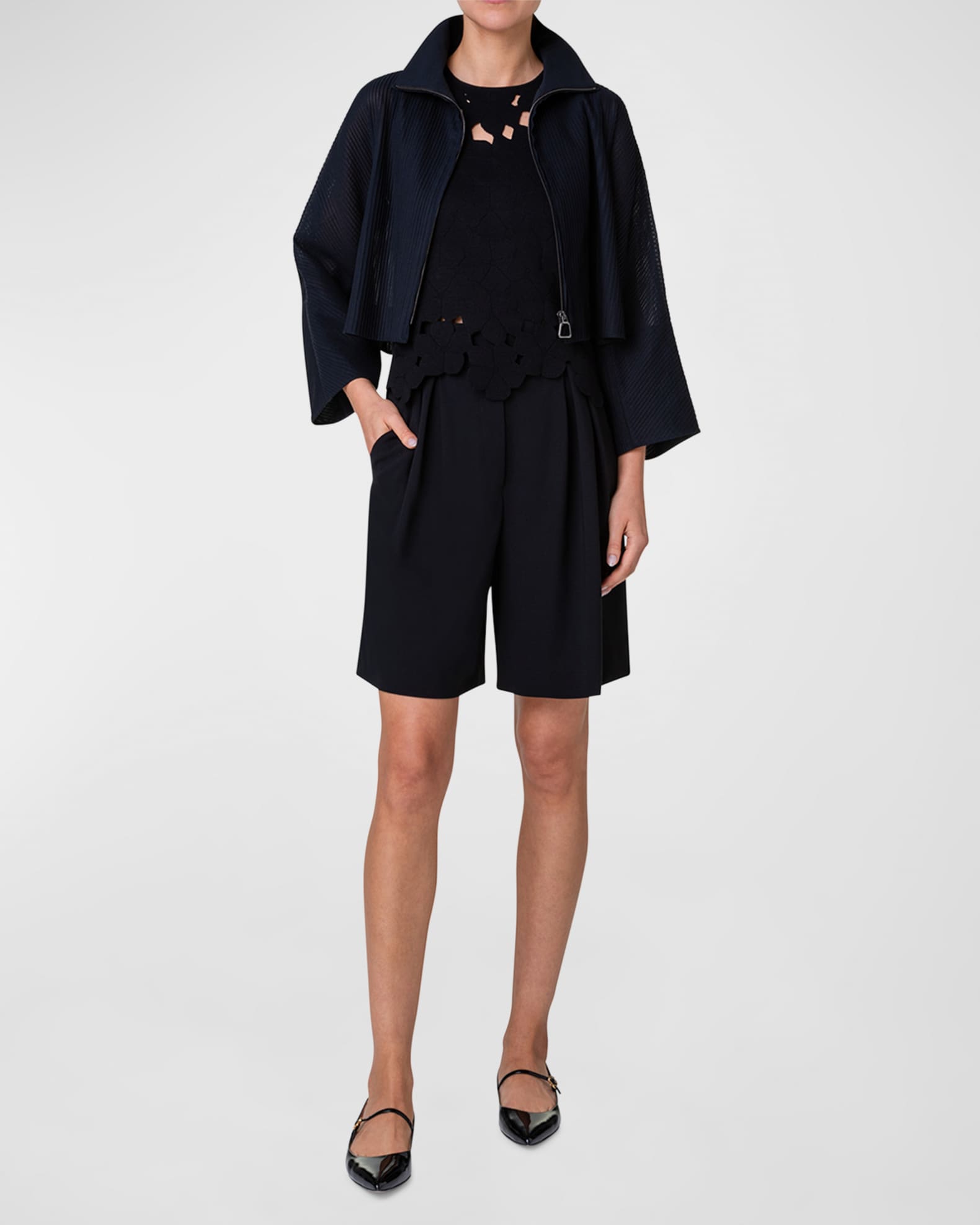 Akris Mimi Stitched Pleat Crop Cotton-Voile A-Line Jacket | Neiman Marcus