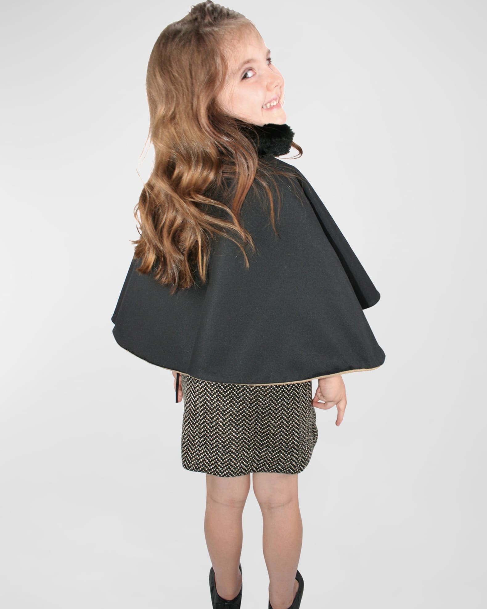 Girl's Reversible Faux Fur Collared Cape | Neiman Marcus