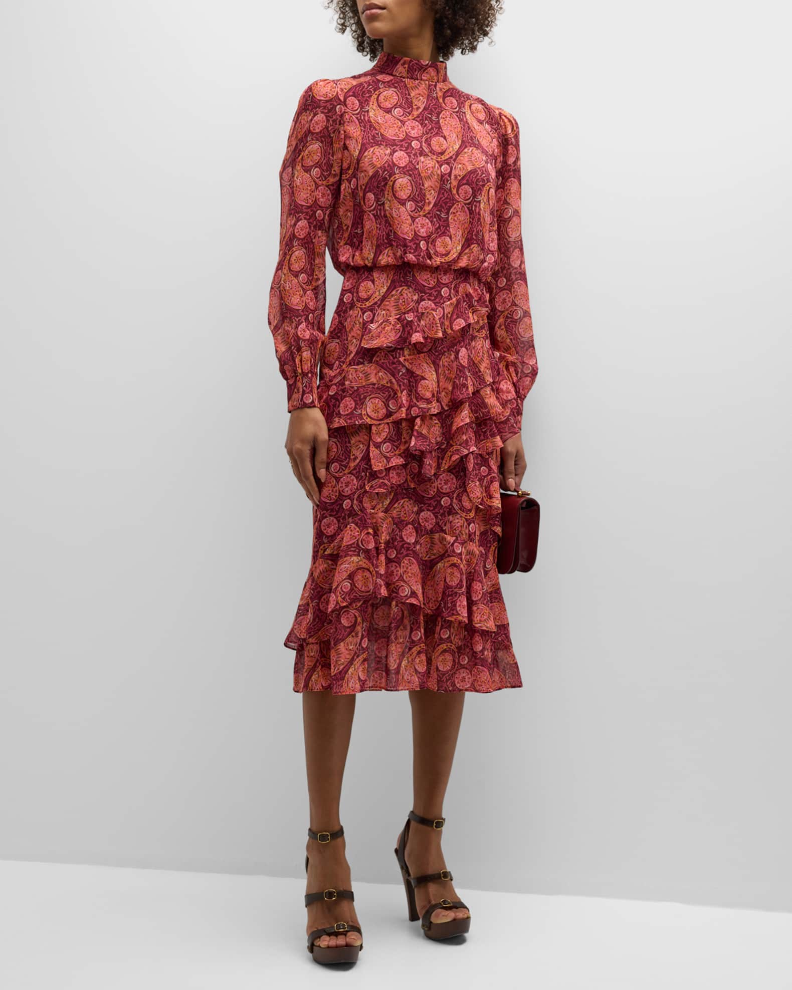 Saloni Isa Silk Georgette Tiered Ruffle Midi Dress | Neiman Marcus