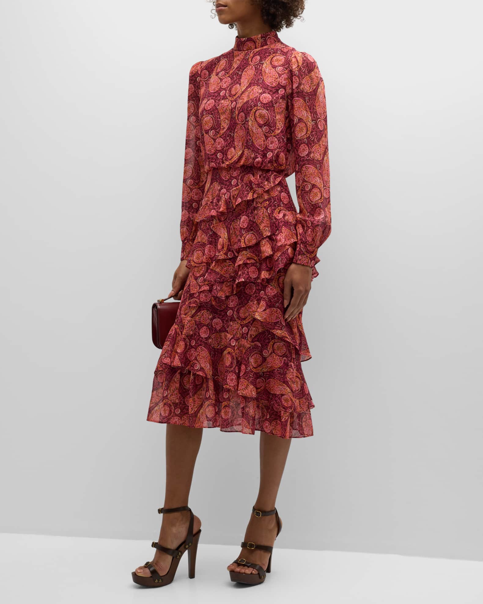 Saloni Isa Silk Georgette Tiered Ruffle Midi Dress | Neiman Marcus