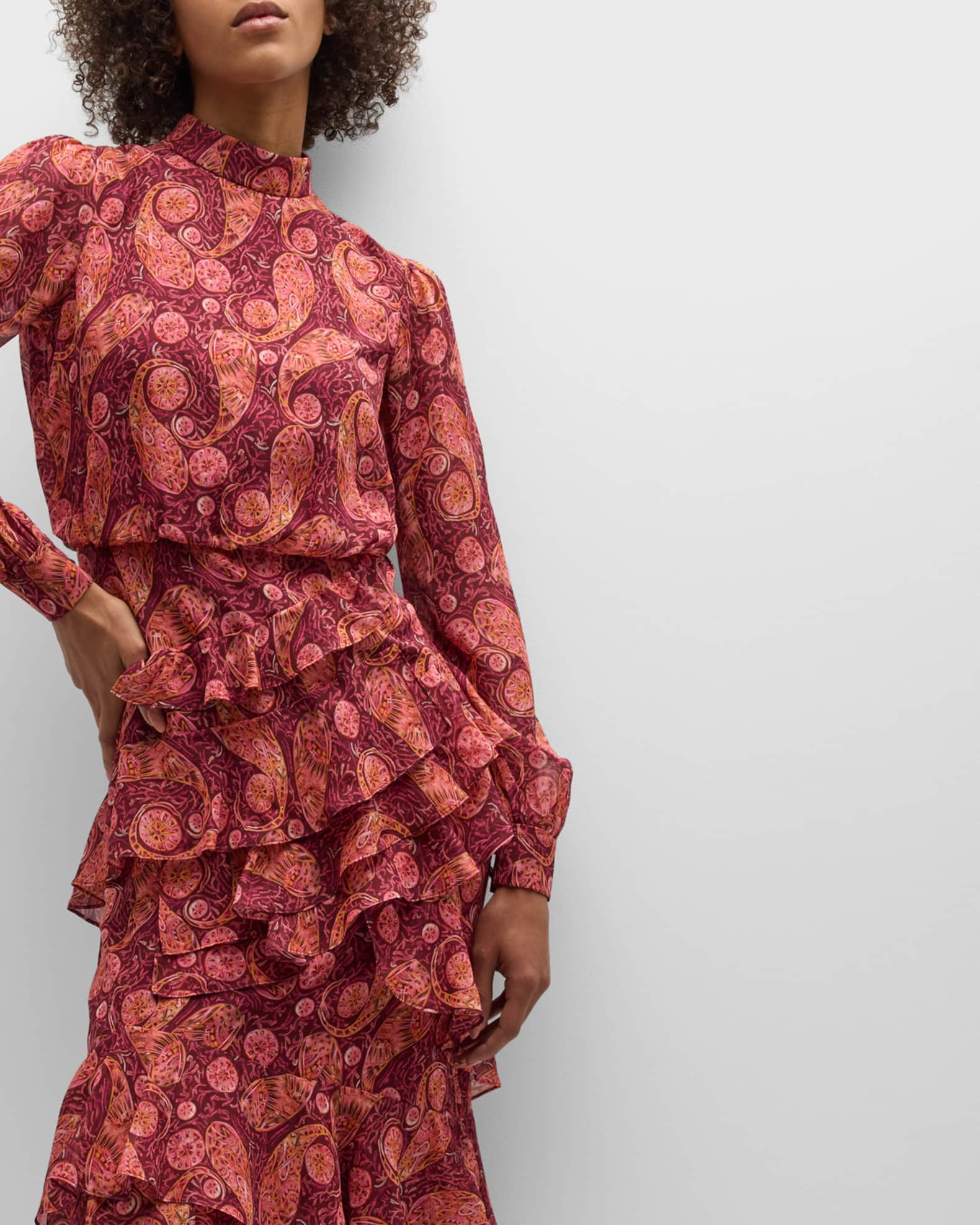 Saloni Isa Silk Georgette Tiered Ruffle Midi Dress | Neiman Marcus