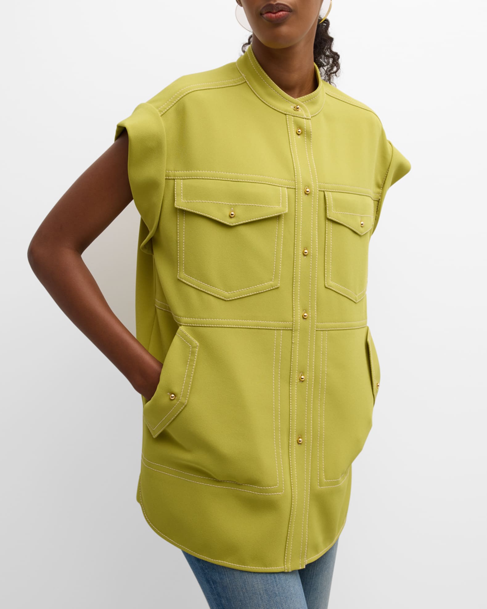 St. John Cap-Sleeve Stretch Cady Collared Vest | Neiman Marcus