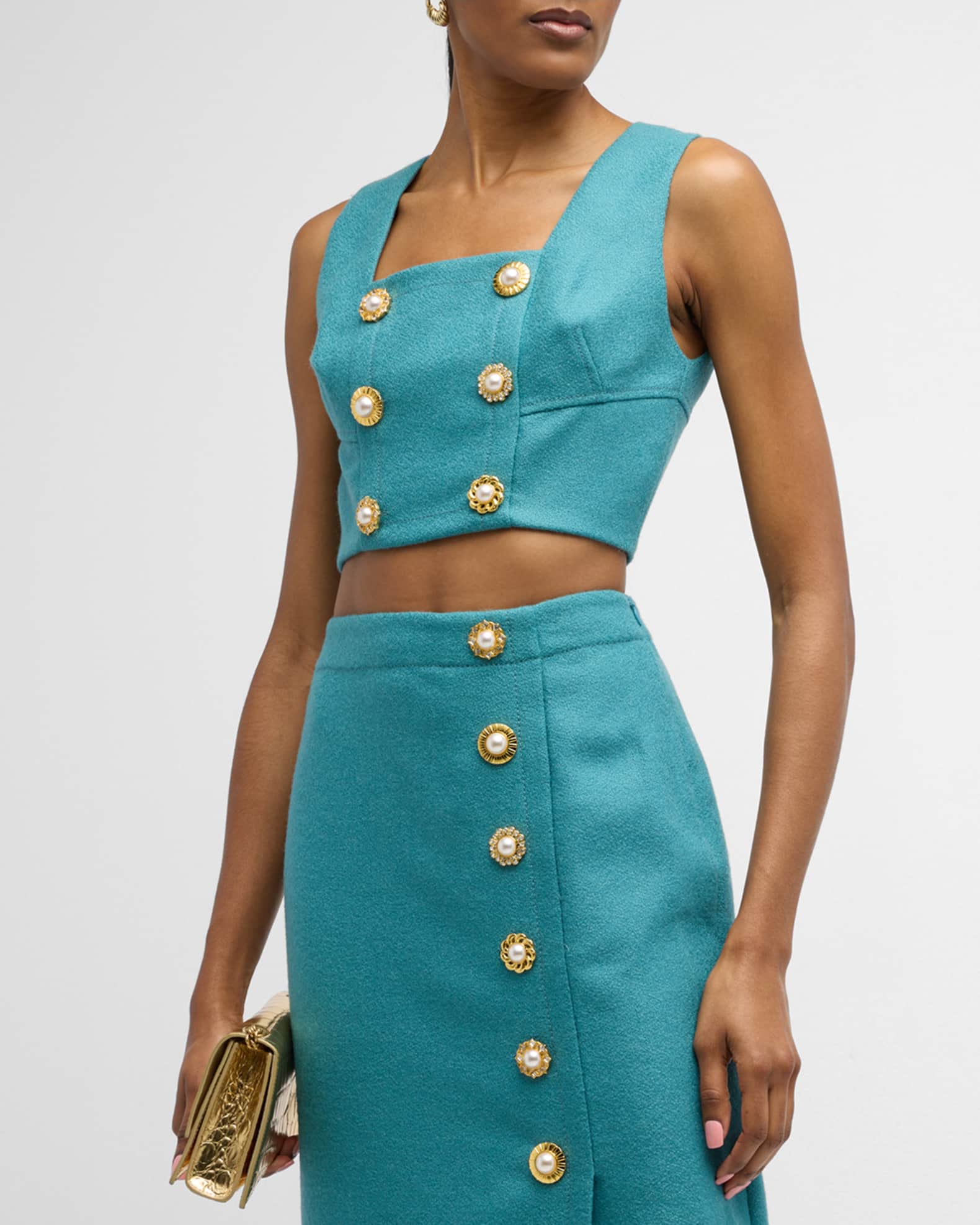 St. John Jewel-Button Textured Italian Wool Sleeveless Crop Top ...
