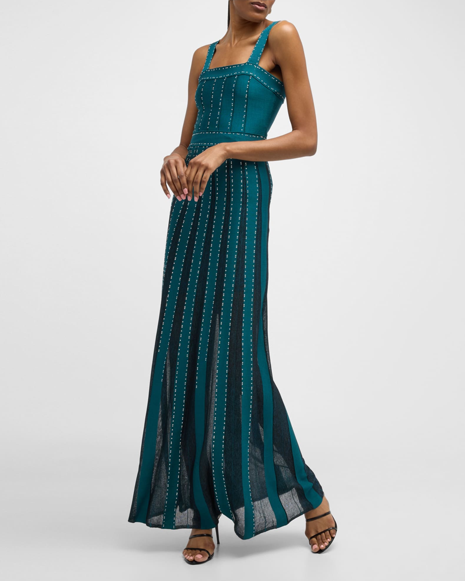 St. John Strass-Embellished Square-Neck Sleeveless Sheer Striped Pique ...