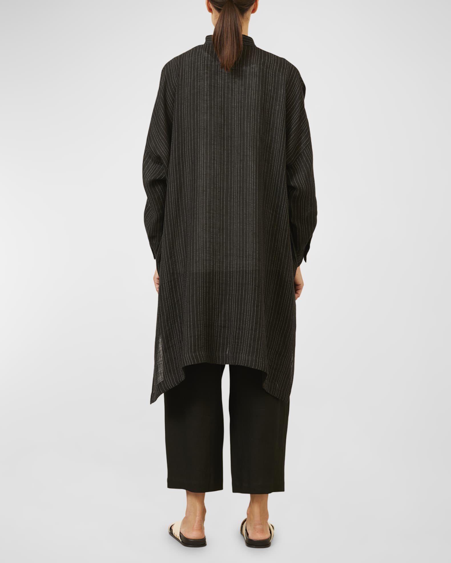 Eskandar Wide Longer-Back Collarless Shirt With Slits (Very Long Length ...