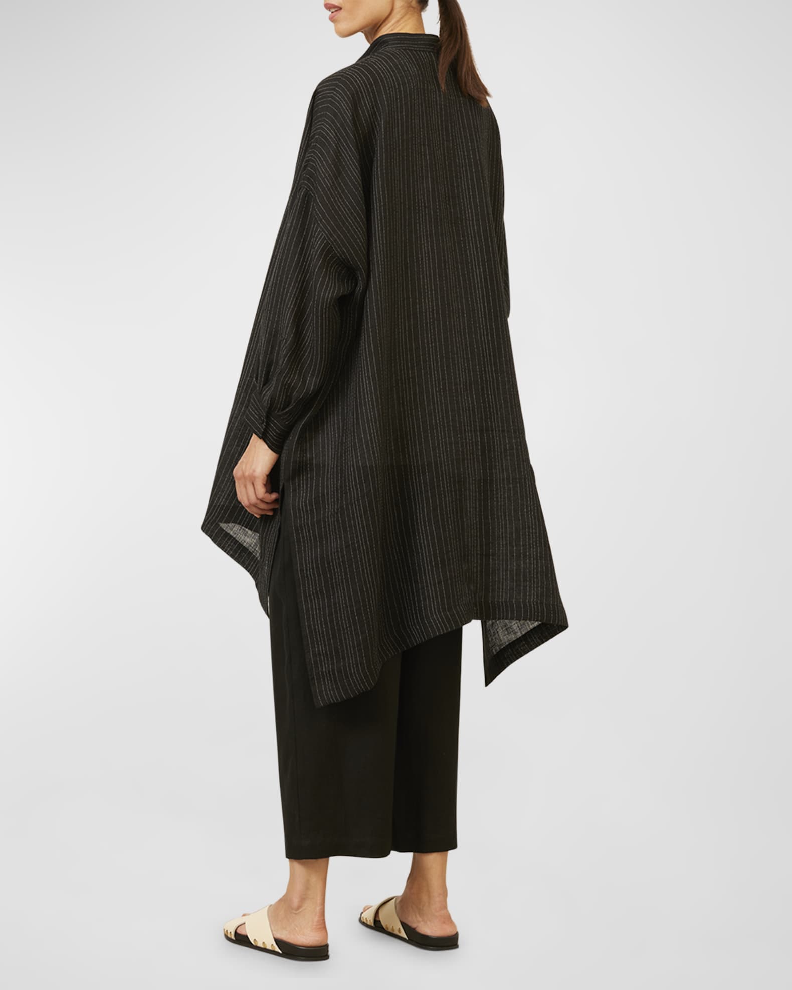 Eskandar Wide Longer-Back Collarless Shirt With Slits (Very Long Length ...